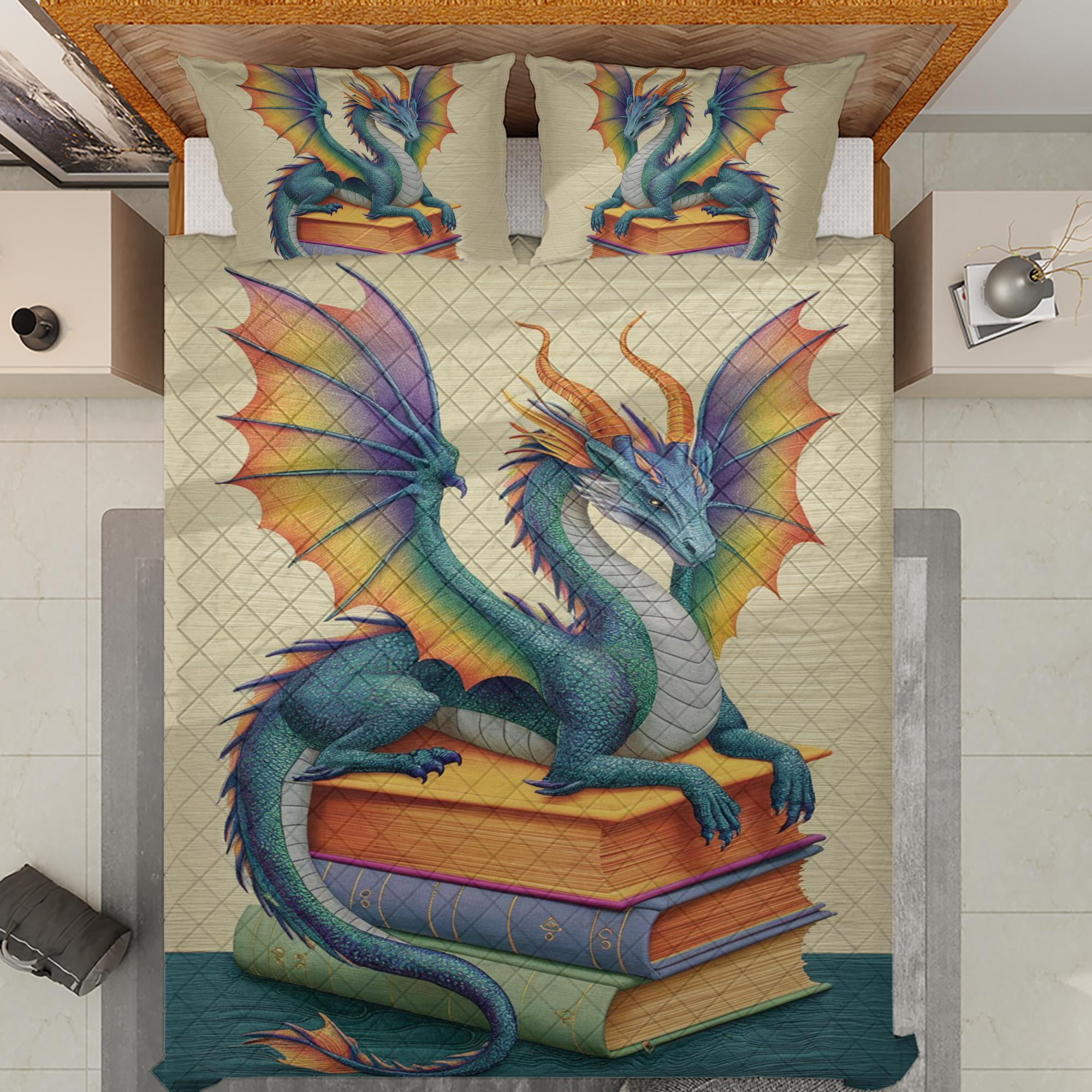 Lotusprinthandmade Dragon With Books Quilt Bedding Set (White Binding ...