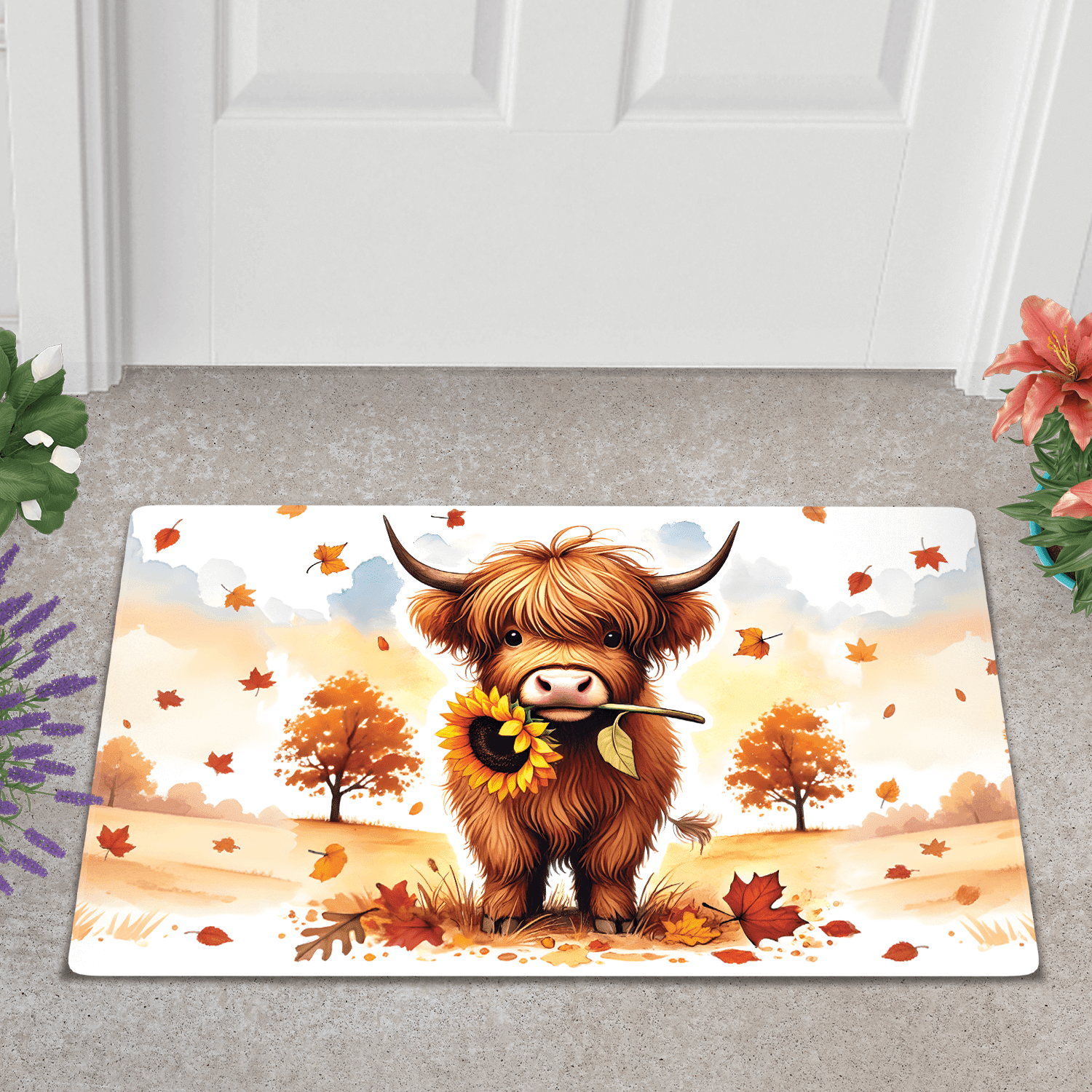 Lotusprinthandmade Fall Highland Cow with Floral Doormat 6 Sizes (18 ...