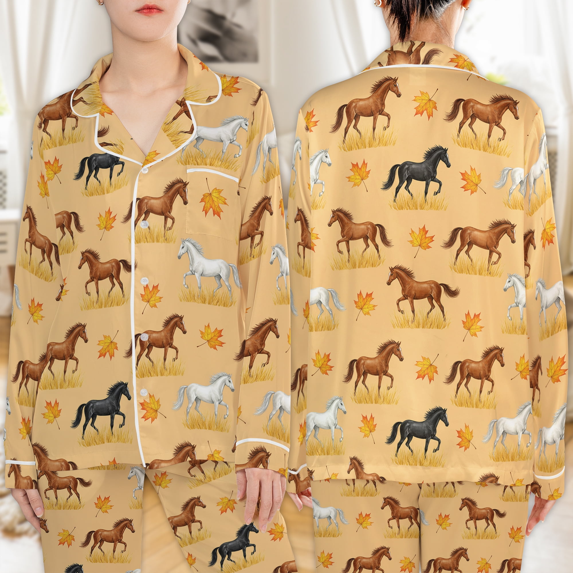 Lotusprinthandmade Fall Horse Graphic All-over Print Satin Pajamas Set ...