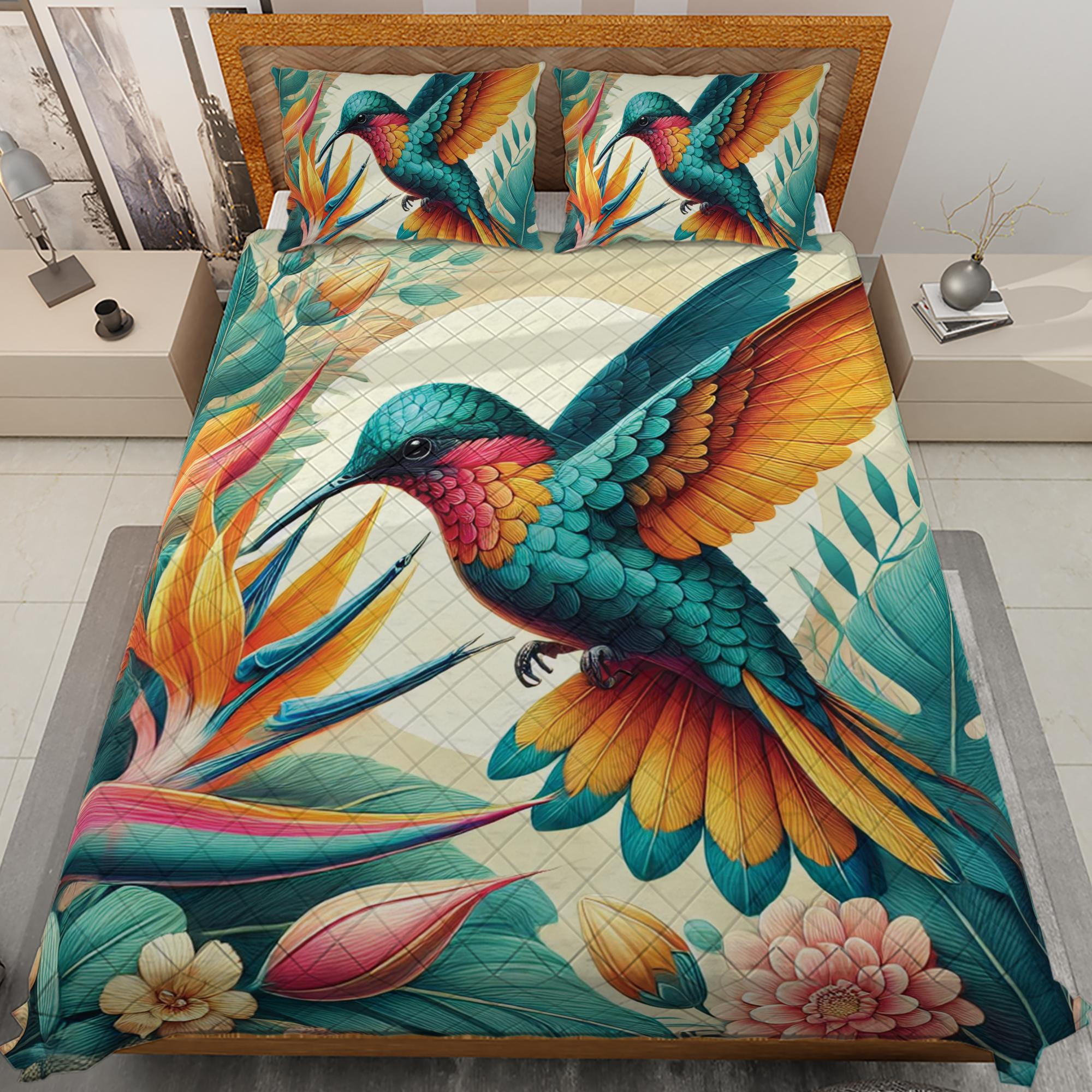 Lotusprinthandmade Floral Hummingbird Quilt Bedding Set (White Binding ...