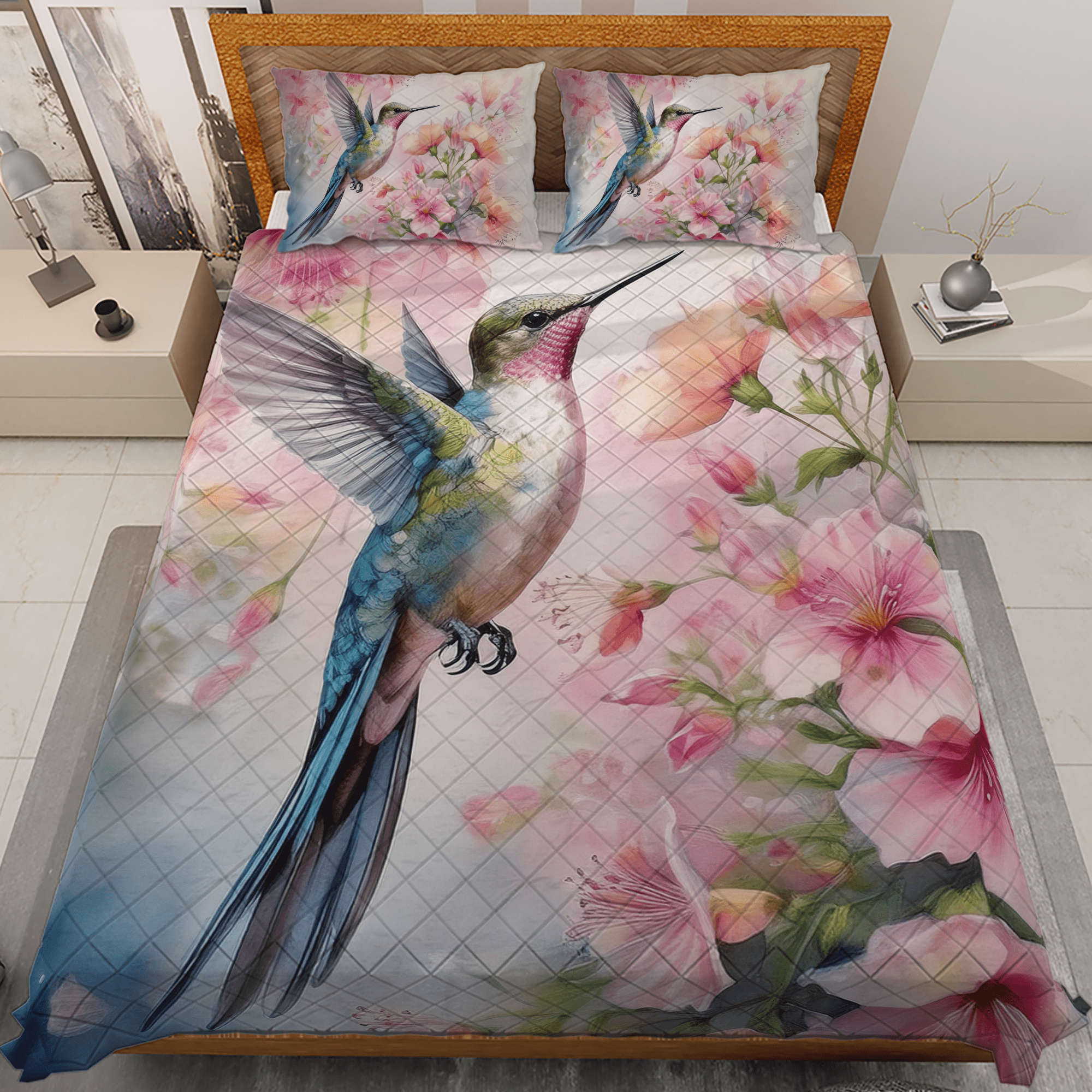 Lotusprinthandmade Floral Hummingbird Quilt Bedding Set (White Binding ...