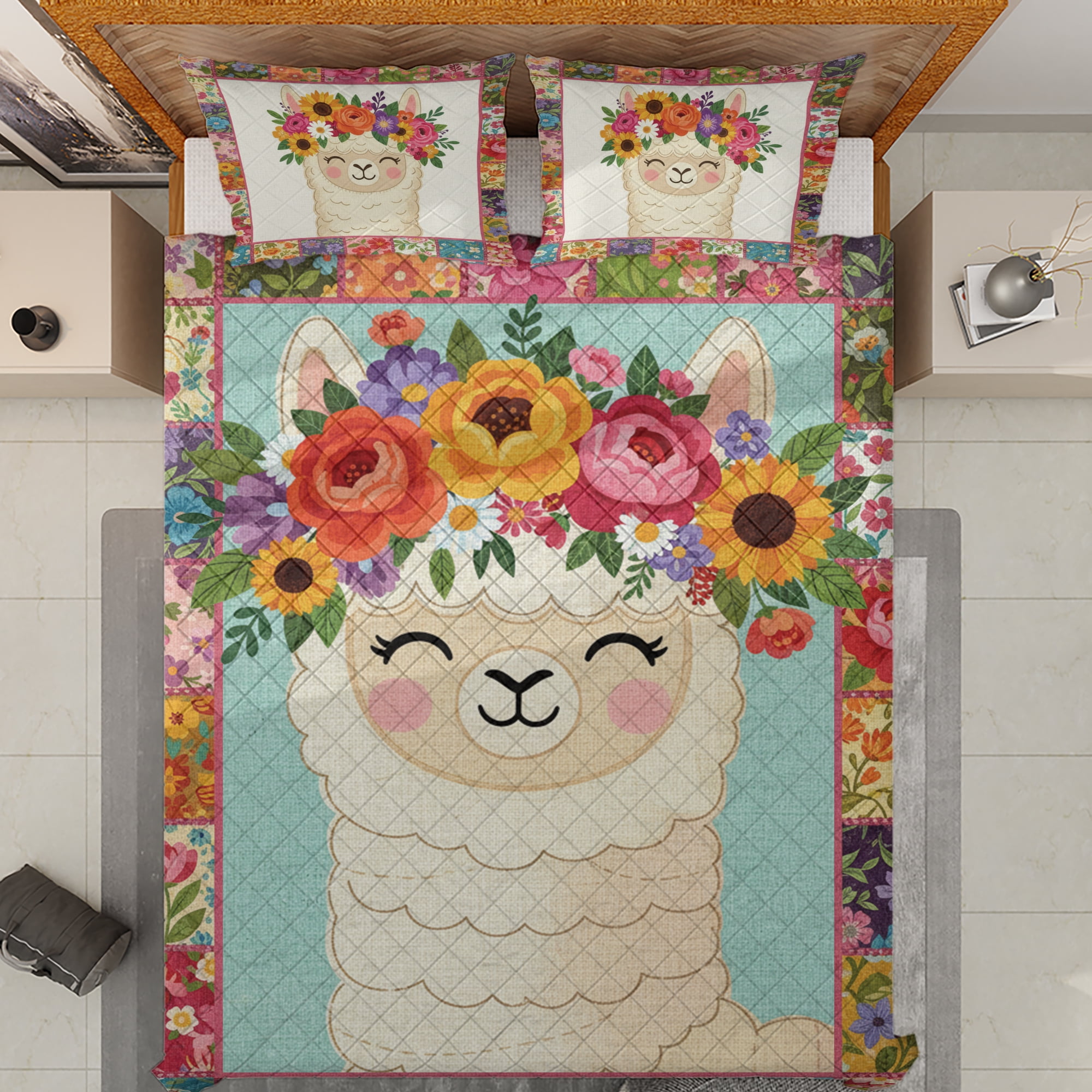 Lotusprinthandmade Floral Llama Quilt Bedding Set (White Binding) 5 ...