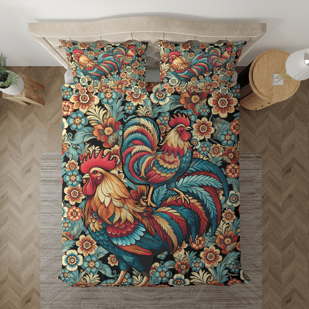 Lotusprinthandmade Floral Rooster Bedding Set (Made in Vietnam) (88x88), Rustic Rooster-Themed ...