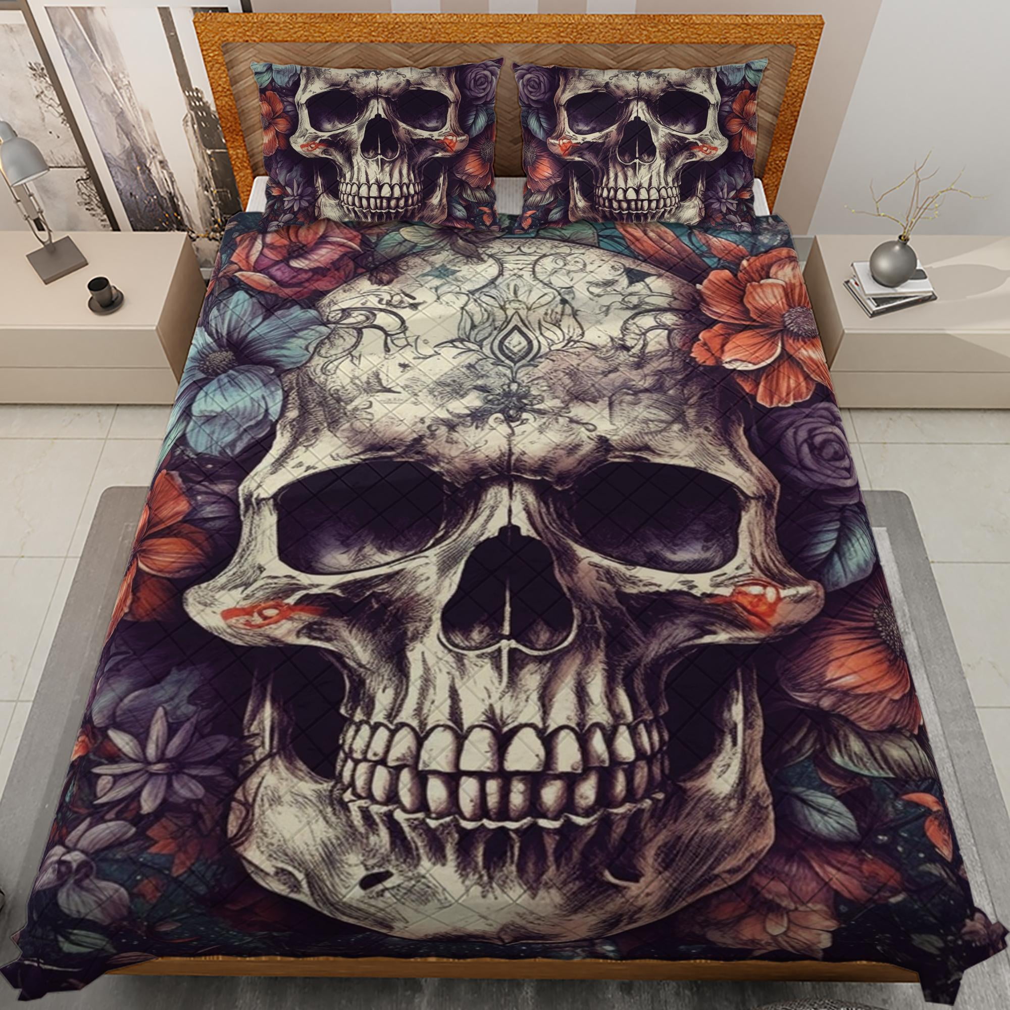 Lotusprinthandmade Floral Skull Halloween Quilt Bedding Set (White ...