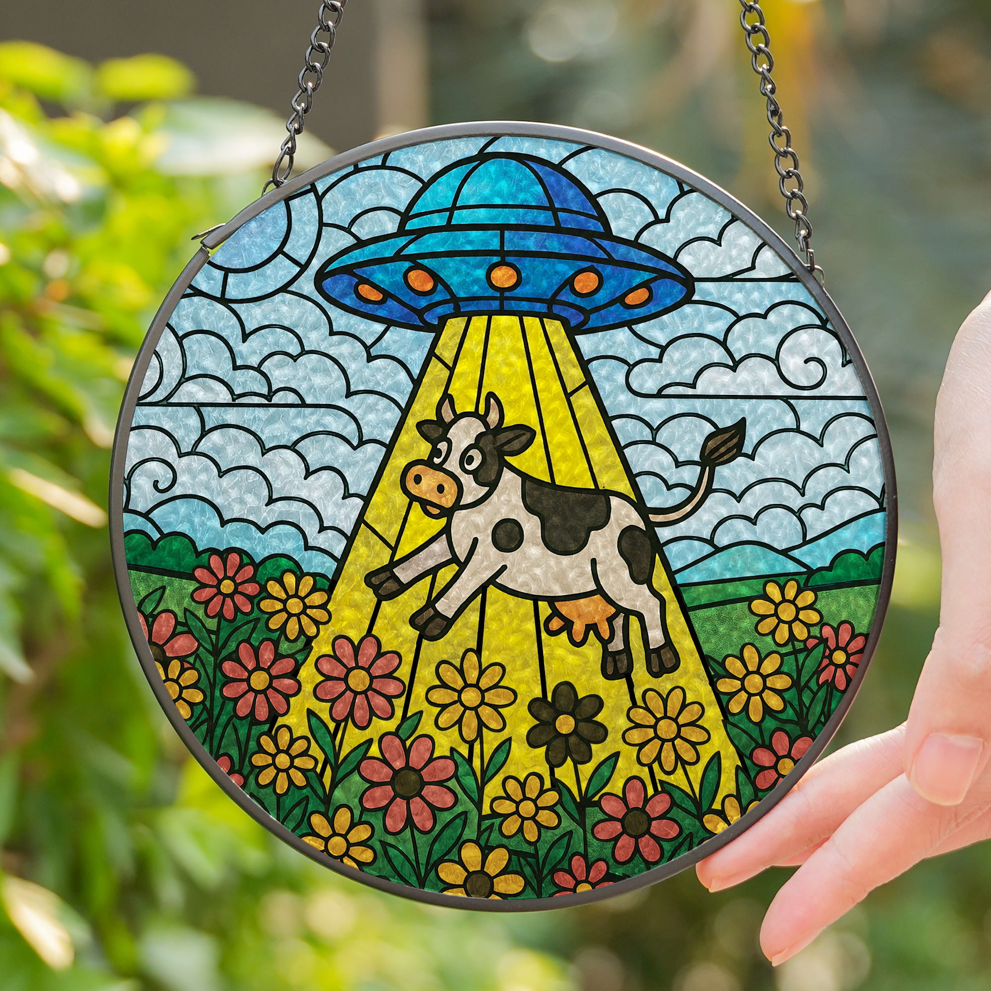 Lotusprinthandmade Funny UFO And Cow Stained Glass Suncatcher for ...