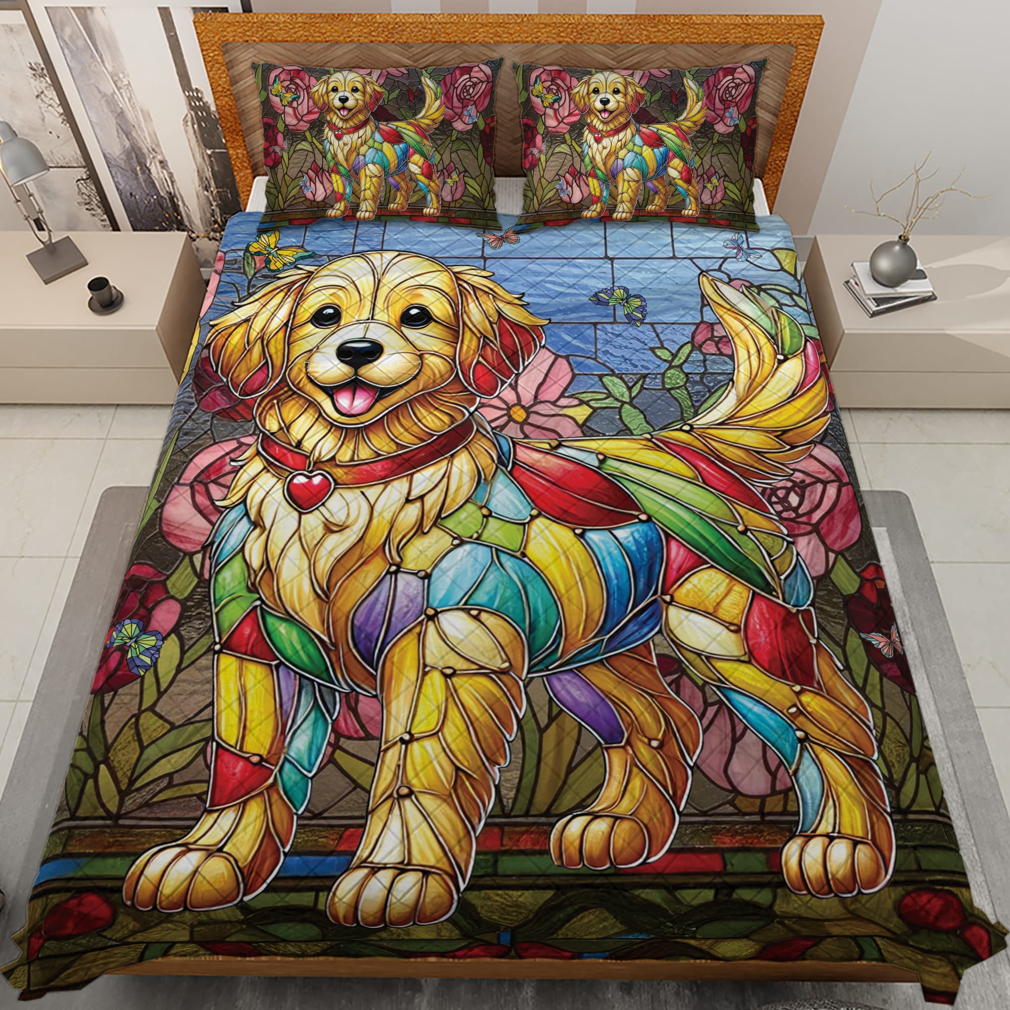 Lotusprinthandmade Golden Retriever Dog 3D Quilt Bedding Set (White ...