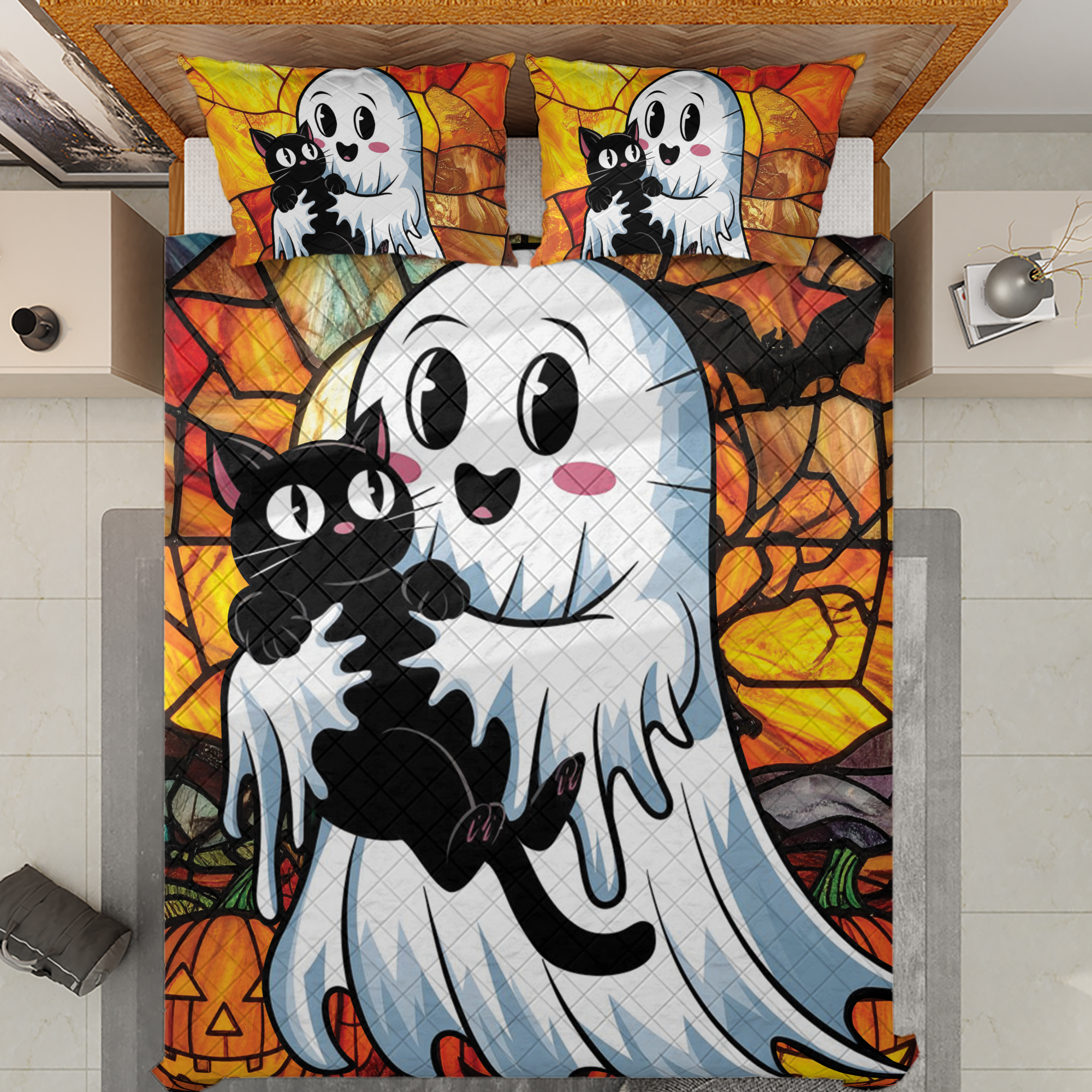 Lotusprinthandmade Halloween White Ghost with Black Cat Quilt Bedding ...