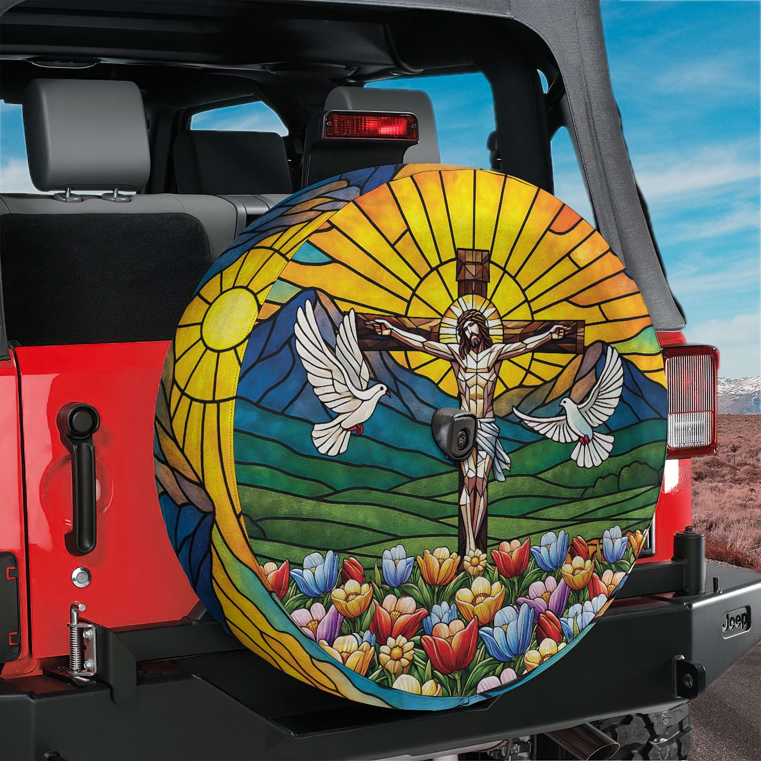 Lotusprinthandmade Jesus Christian and Colorful Floral Spare Tire Cover ...