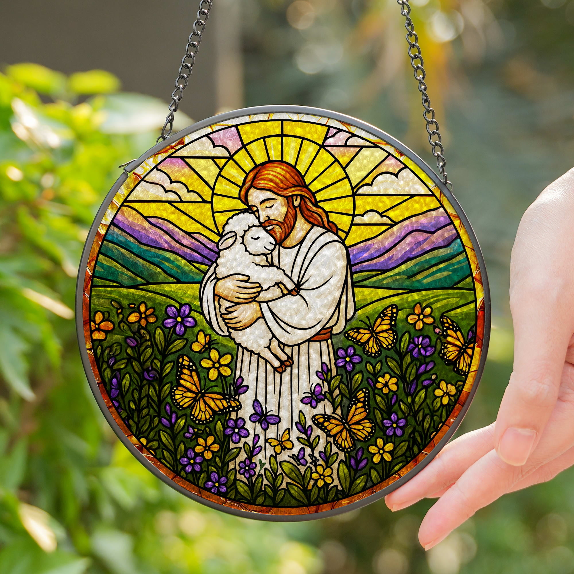 Lotusprinthandmade Jesus Hugging Sheep Stained Glass Suncatcher for ...