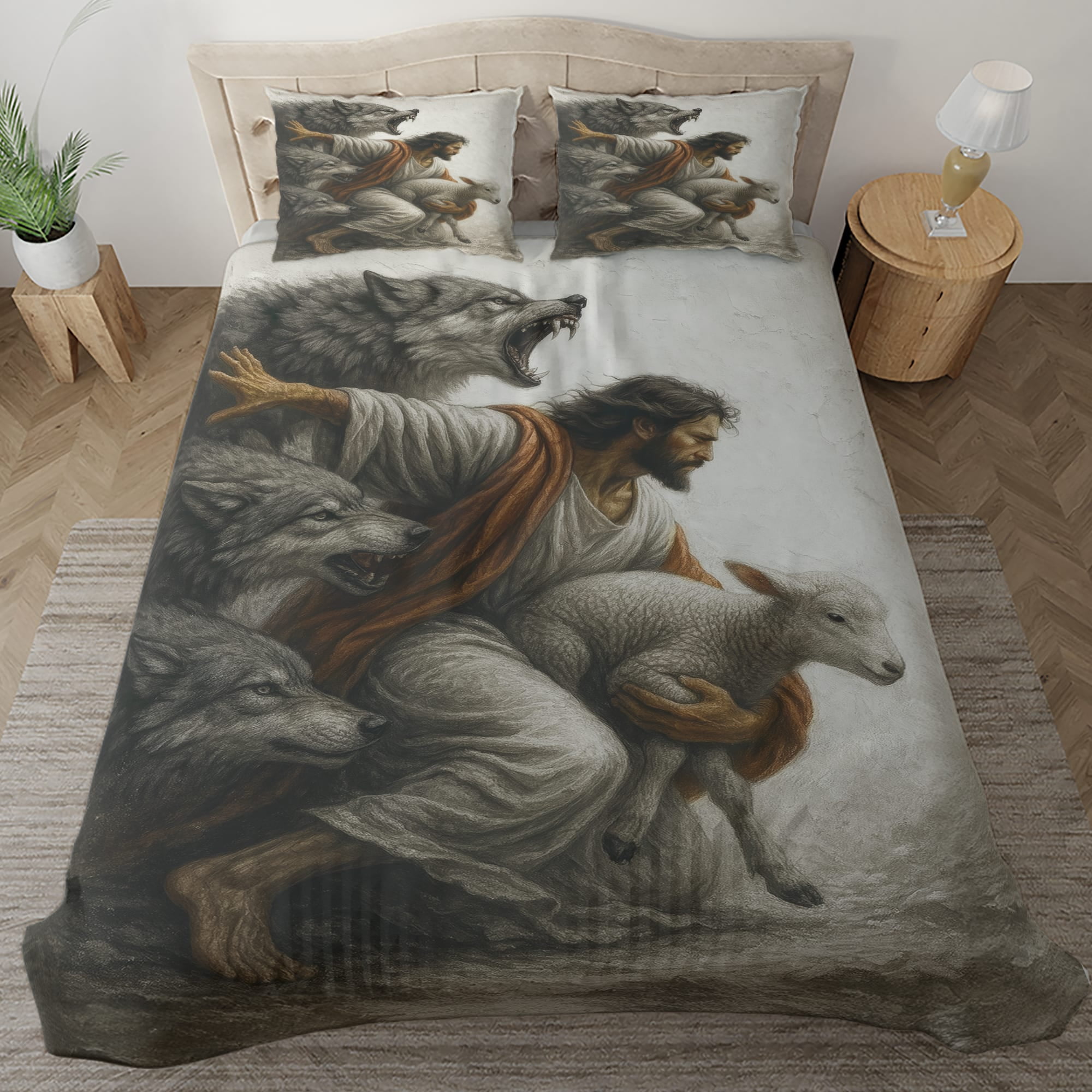 Lotusprinthandmade Jesus and Lamb Wolf Christian Bedding Set (Made in ...