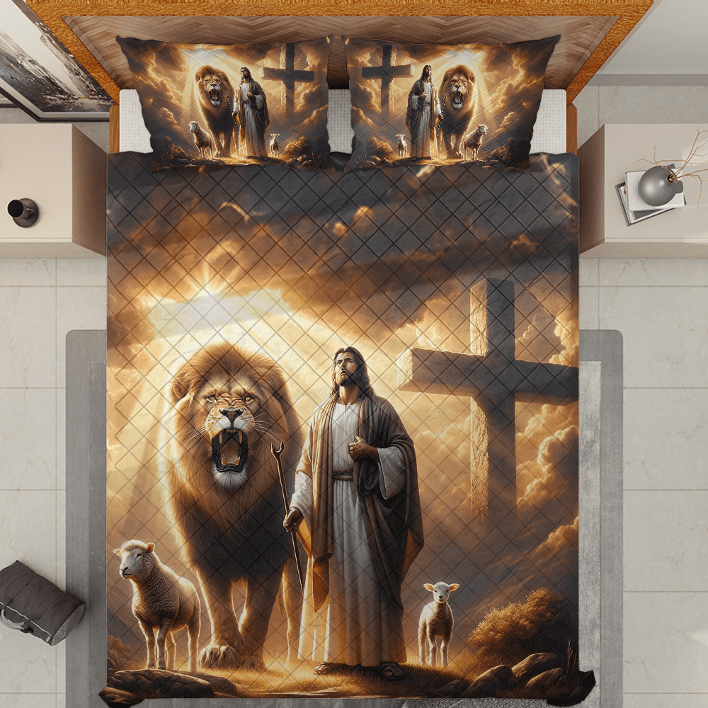 Lotusprinthandmade Jesus Lion and Lamb Quilt Bedding Set (White Binding ...