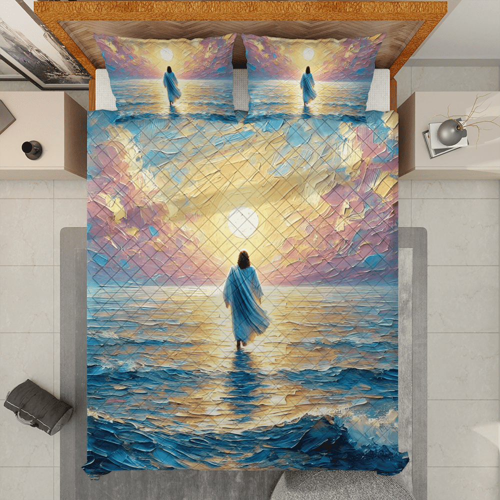 Lotusprinthandmade Jesus Walking Quilt Bedding Set, White Binding ...
