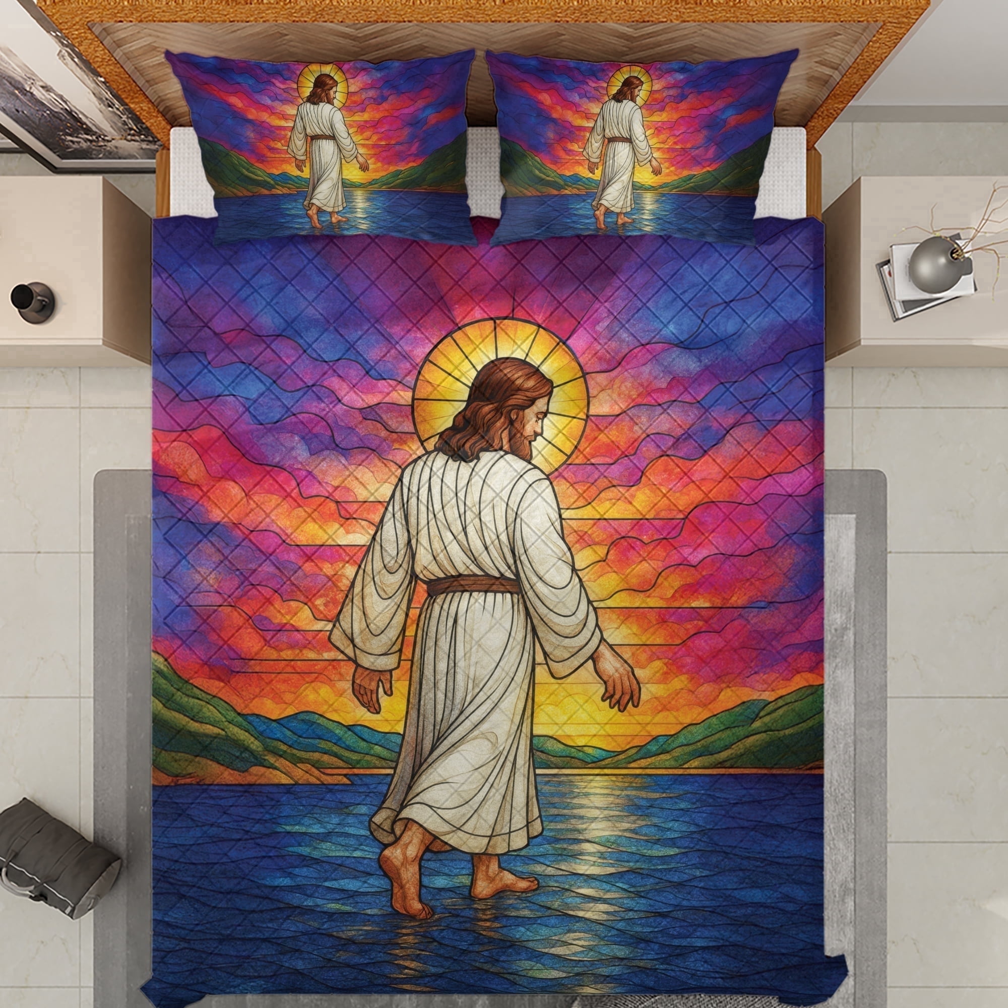 Lotusprinthandmade Jesus Walking Quilt Bedding Set, White Binding ...