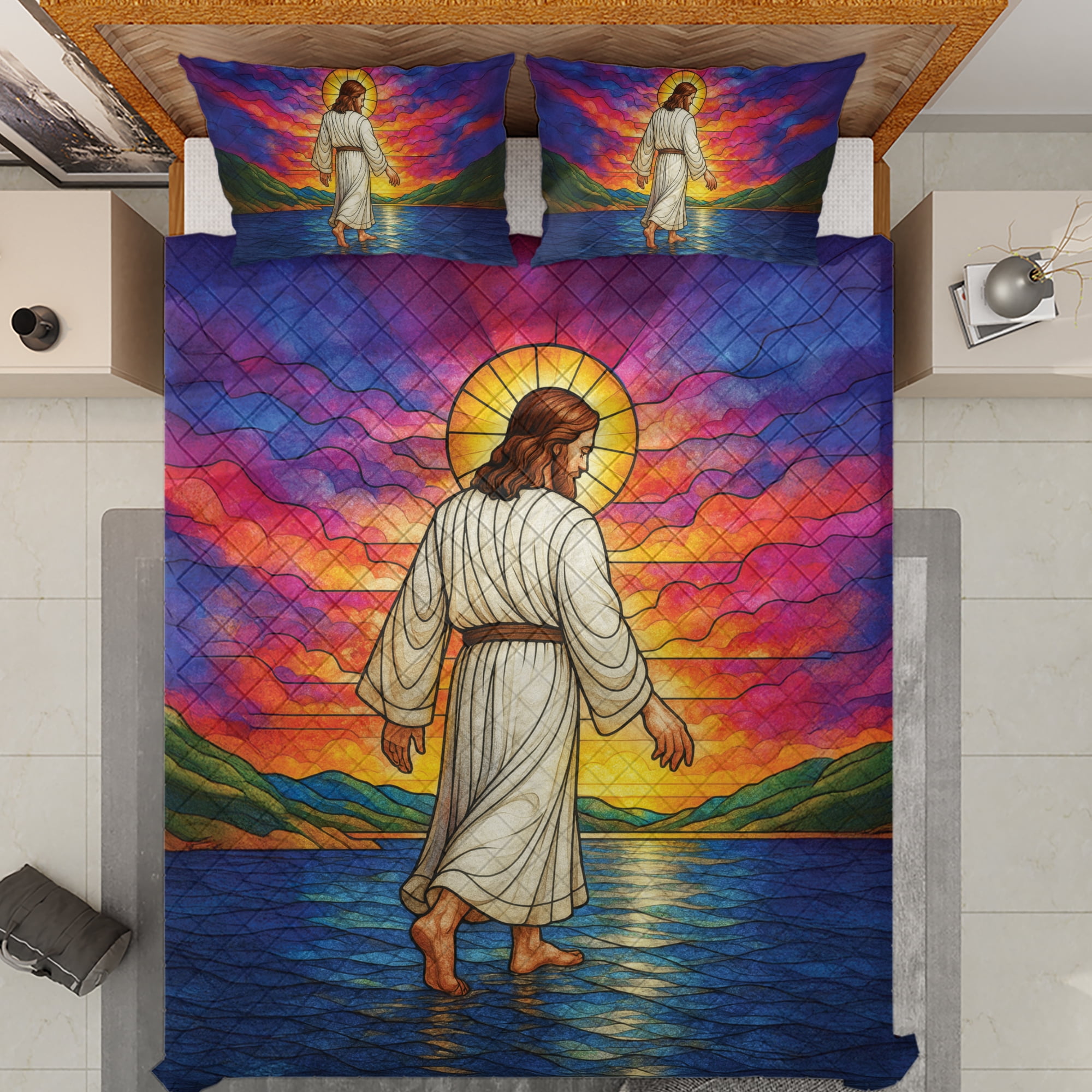 Lotusprinthandmade Jesus Walking Quilt Bedding Set (White Binding) 5 ...