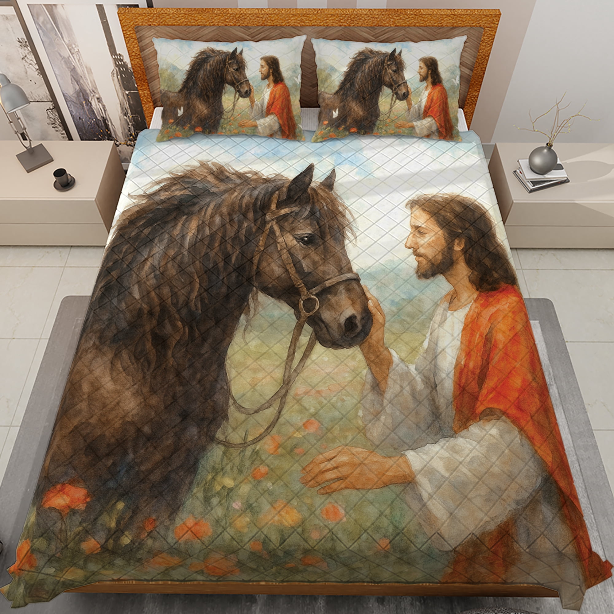 Lotusprinthandmade Jesus and Horse Christian Quilt Bedding Set (Fold ...