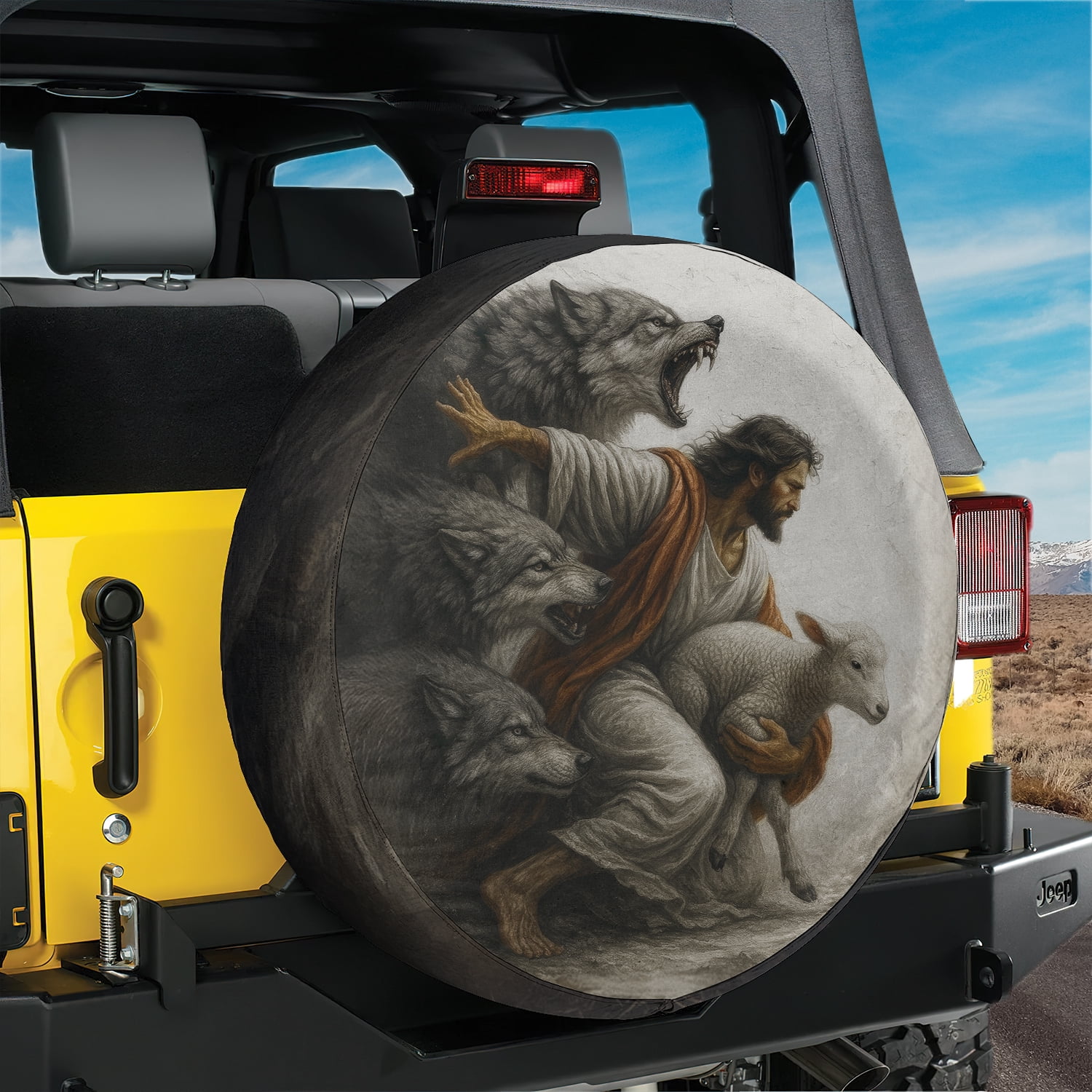 Lotusprinthandmade Jesus and Lamb Wolf Christian Spare Tire Cover ...