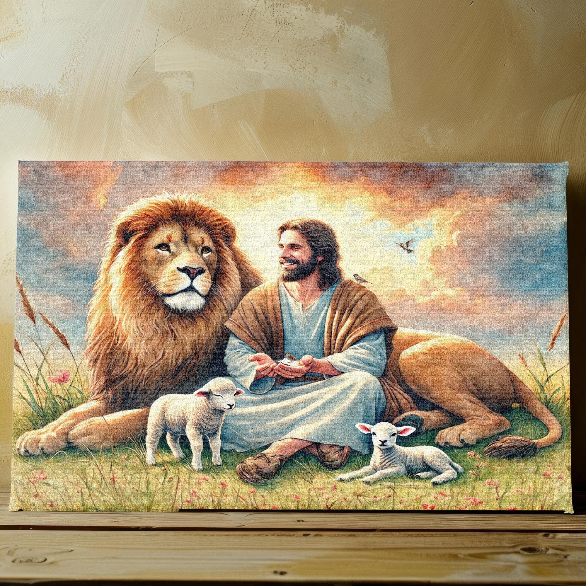 Lotusprinthandmade Jesus and Lion Lamb Canvas 1.5in 12" x 8",Faith ...