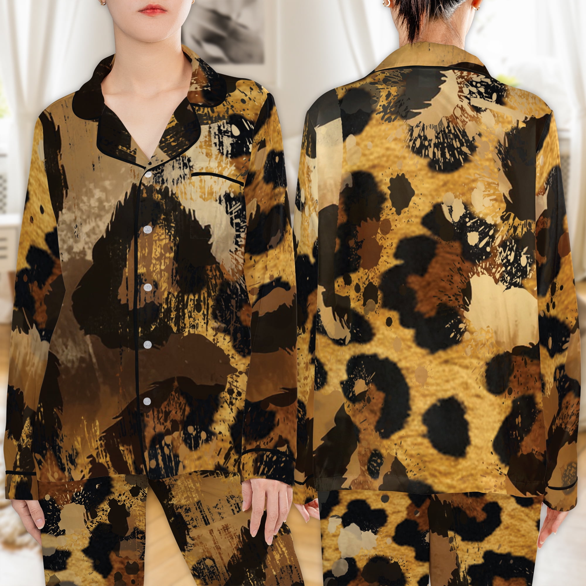 Lotusprinthandmade Leopard Print All-over Print Satin Pajamas Set (No ...