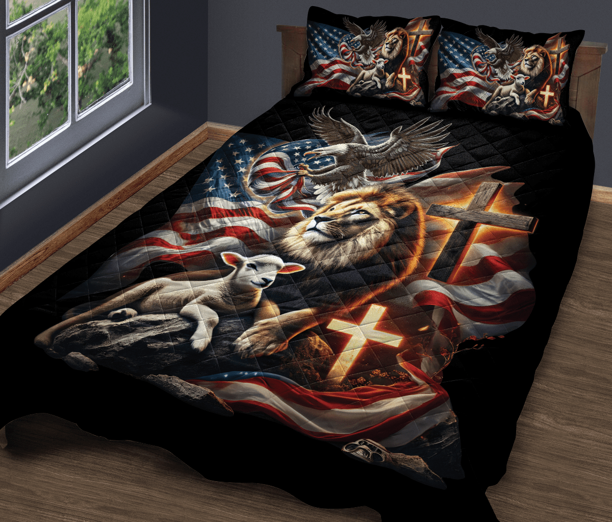 Lotusprinthandmade Lion with Jesus Eagle America Flag Quilt Bedding Set ...