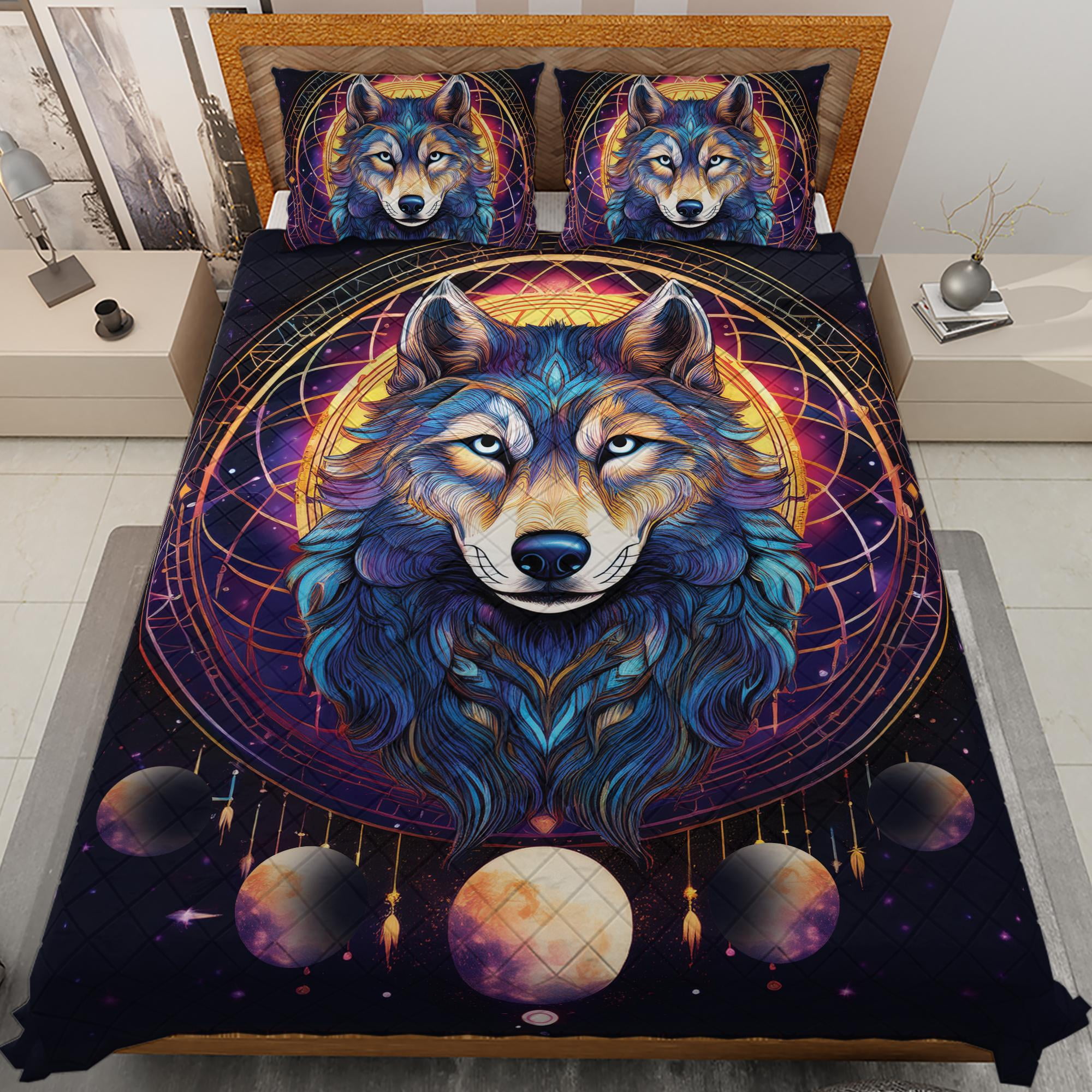 Lotusprinthandmade Moon and Wolf Quilt Bedding Set (White Binding) 5 ...