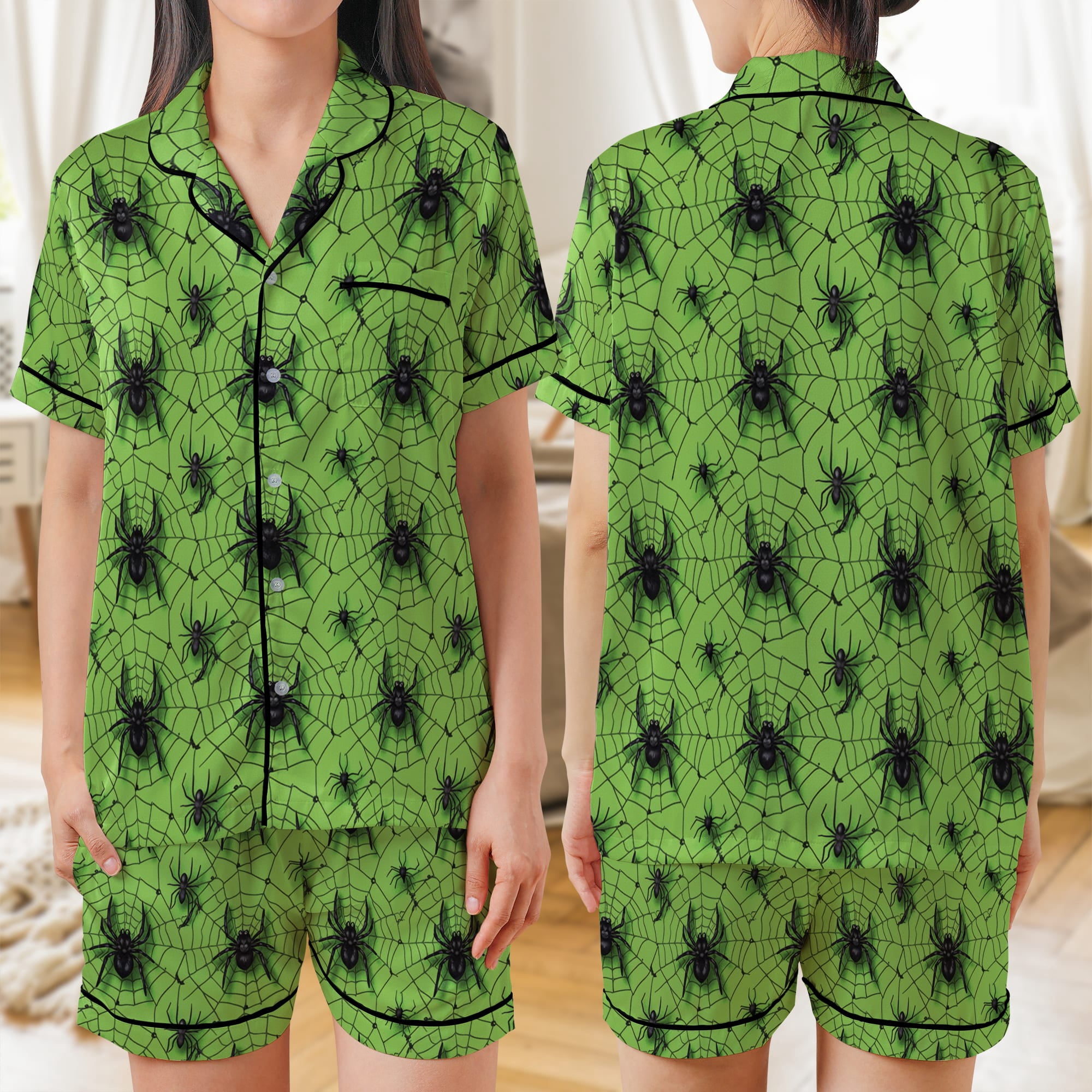 Lotusprinthandmade Neon Green Spider All-over Print Satin Short-Sleeve ...