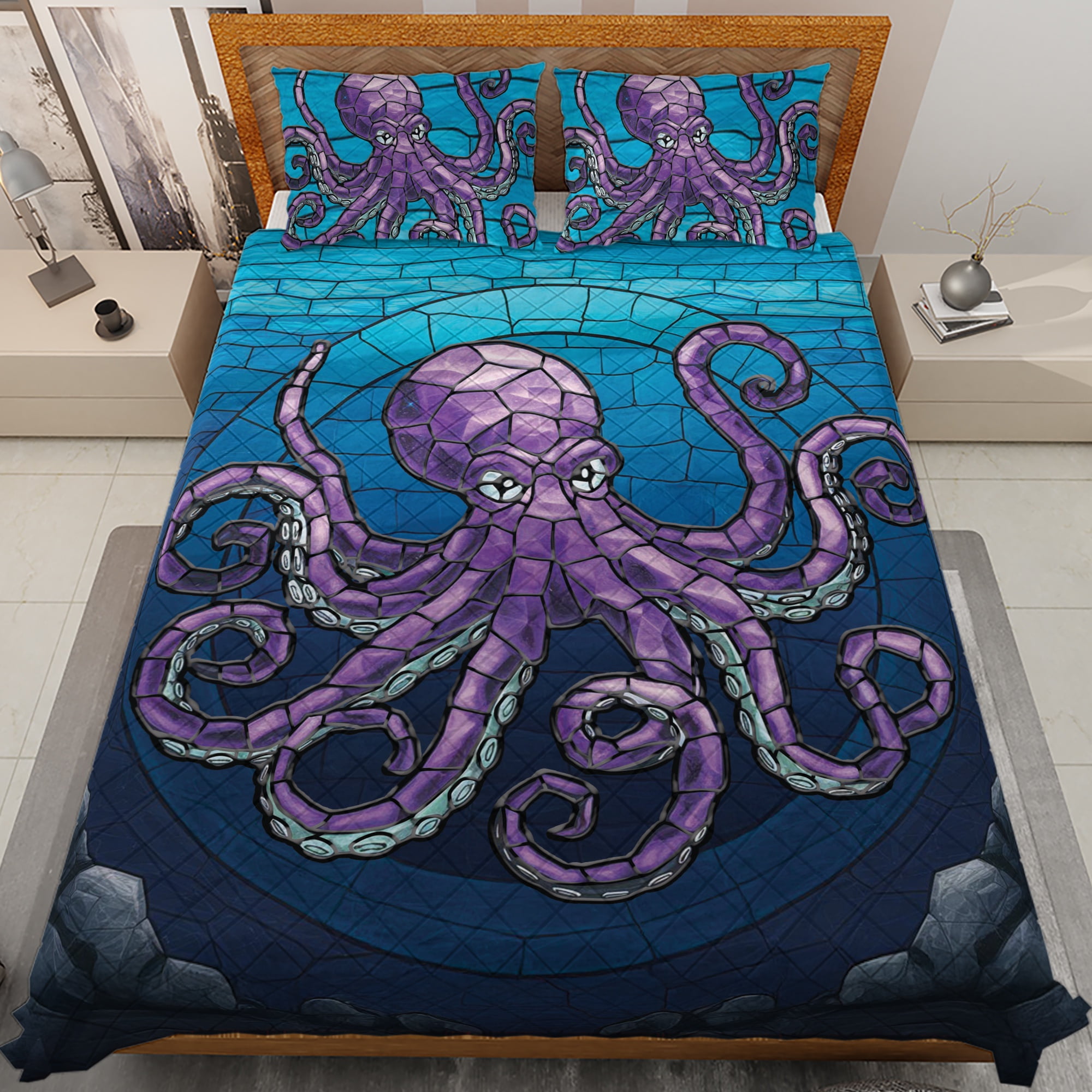 Lotusprinthandmade Octopus Graphic Quilt Bedding Set (White Binding) 5 ...