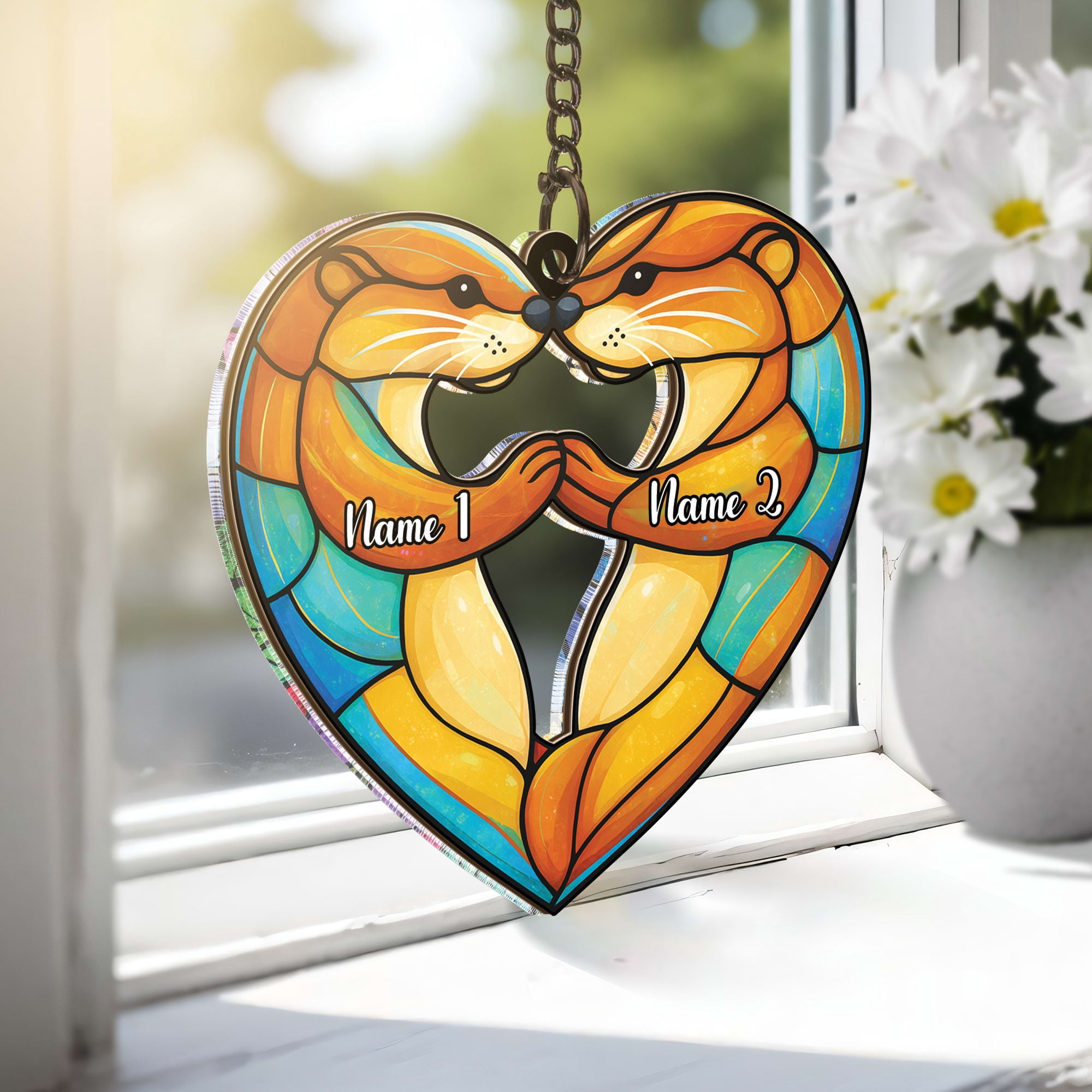 Lotusprinthandmade Otter Couple Stained Glass Suncatcher for Window ...