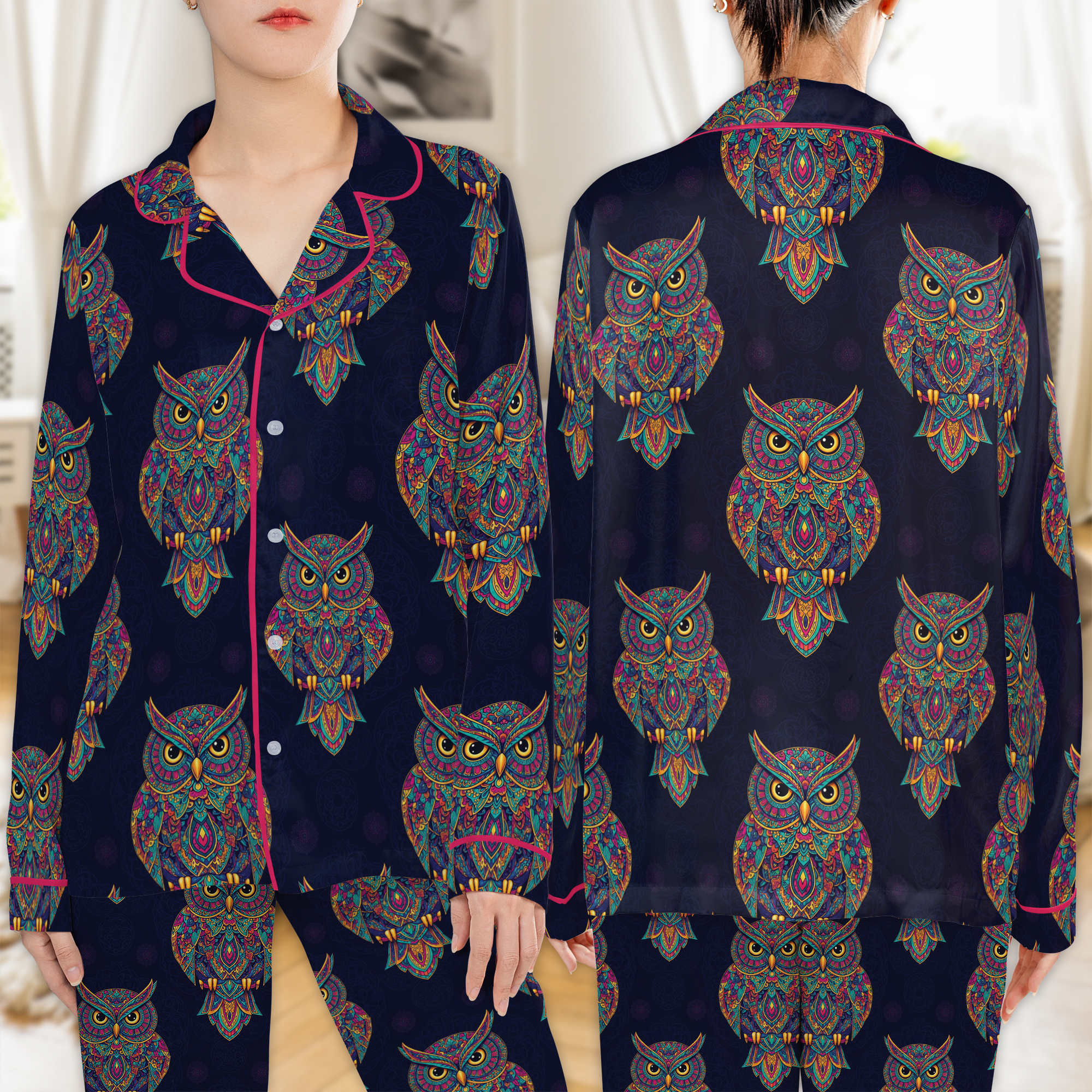 Lotusprinthandmade Owl All-over Print Satin Pajamas Set (No Pocket) (S ...