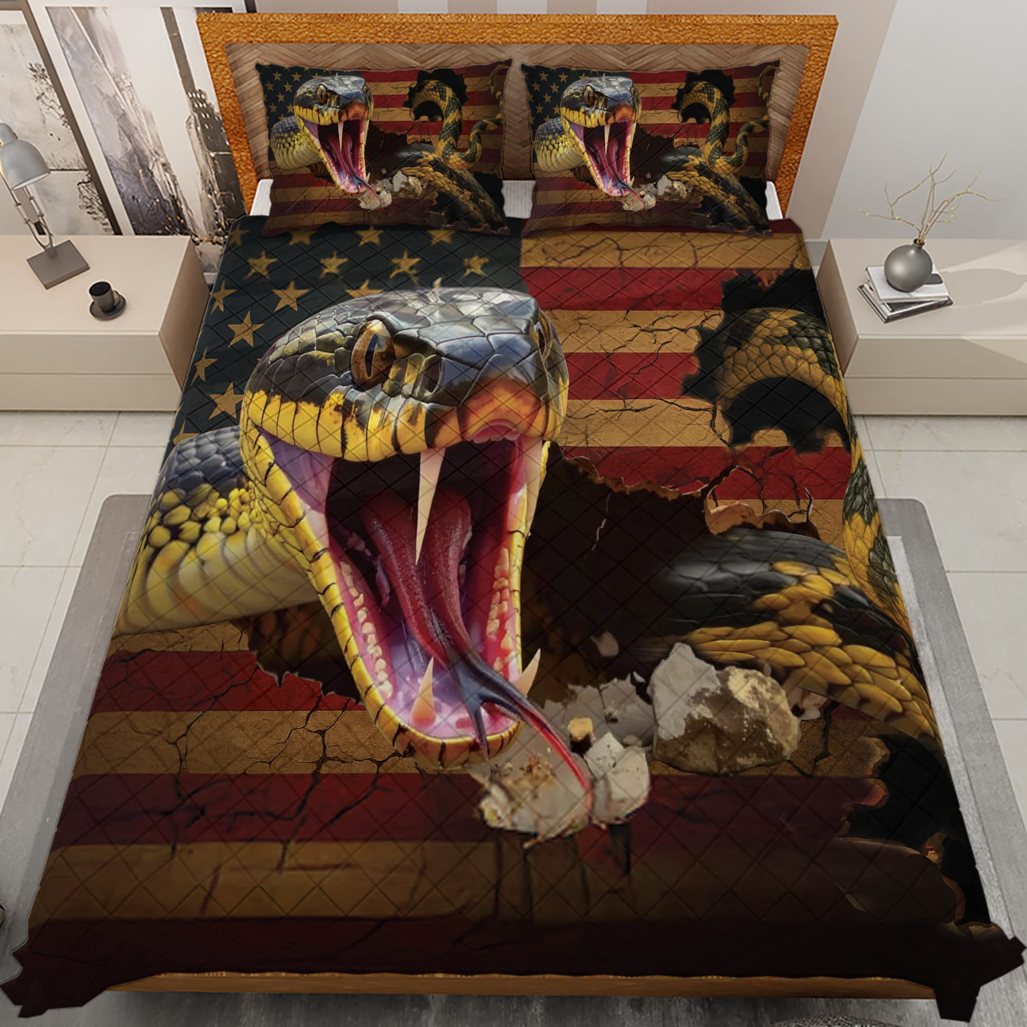 Lotusprinthandmade Patriotic Snake and Skull America Flag Graphic Quilt ...