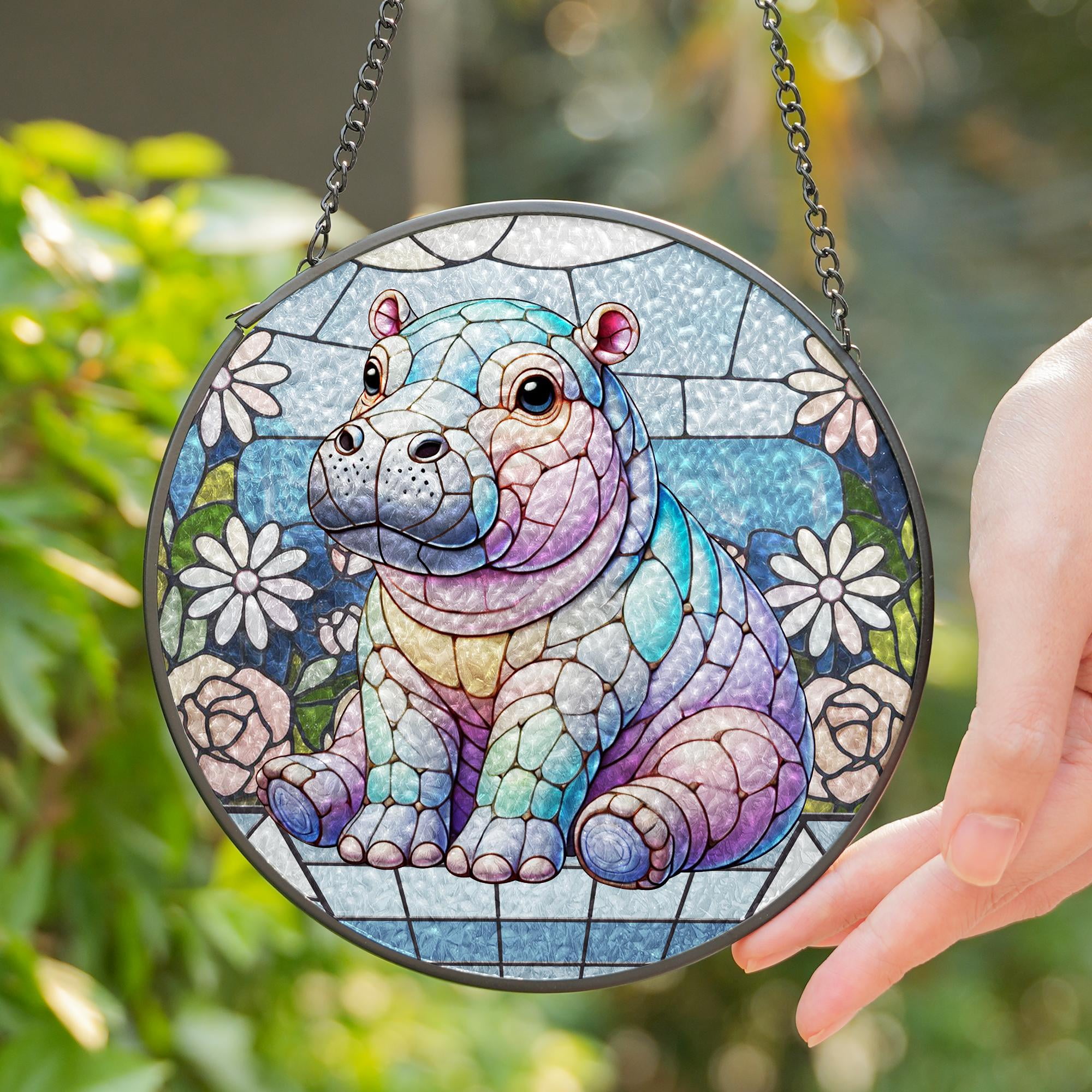 Lotusprinthandmade Peeking Hippo Pattern Stained Glass Suncatcher for ...