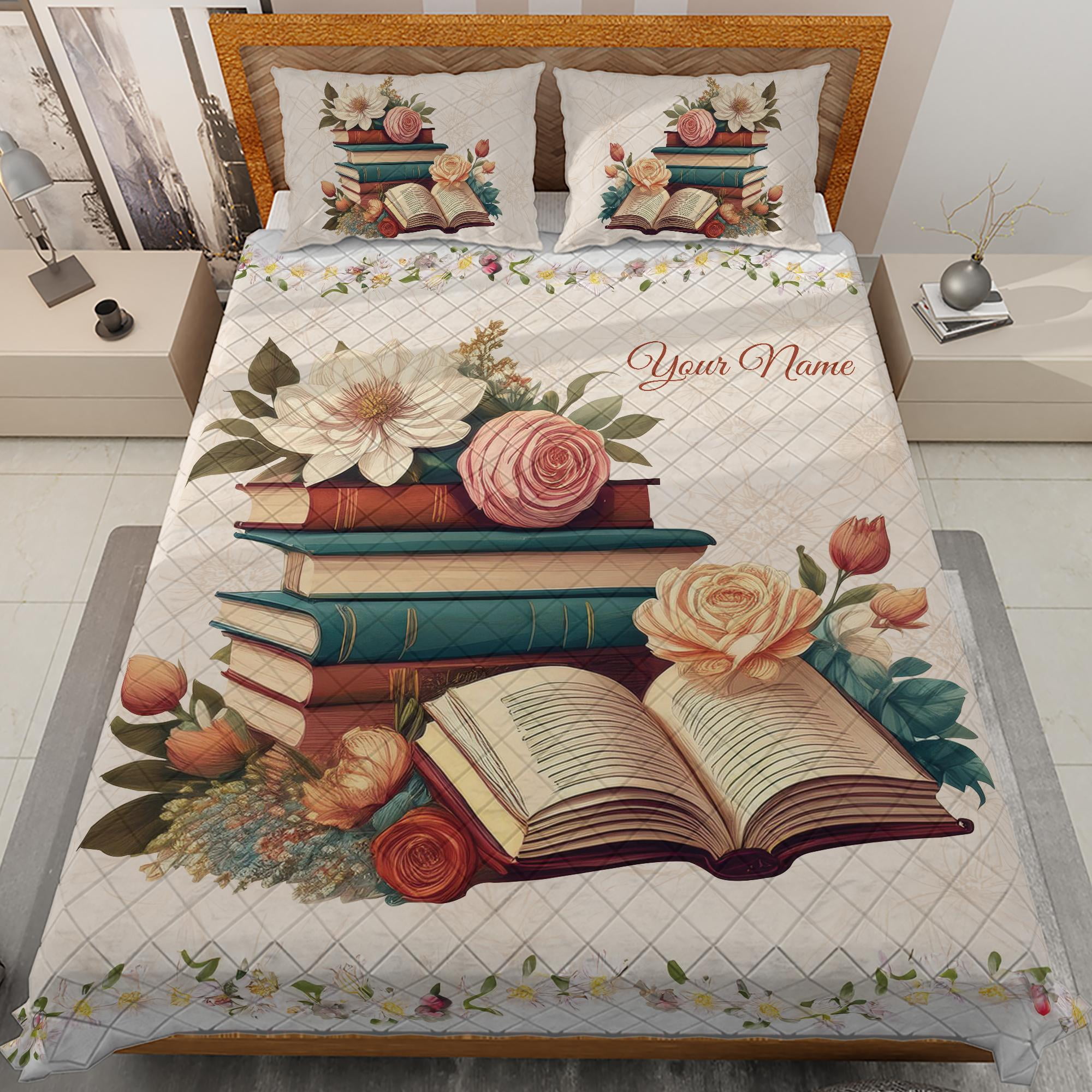 Lotusprinthandmade Personalized Floral Book Quilt Bedding Set (White ...