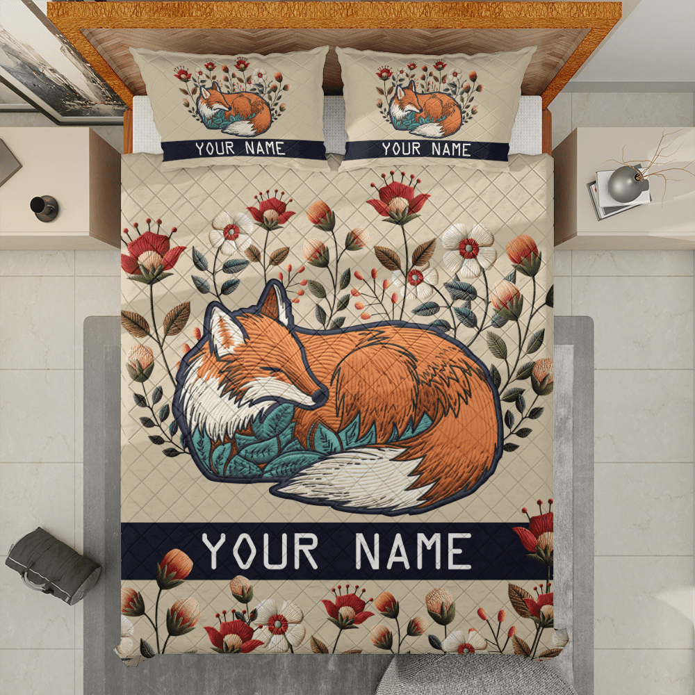Lotusprinthandmade Personalized Floral Foxes Quilt Bedding Set (White ...