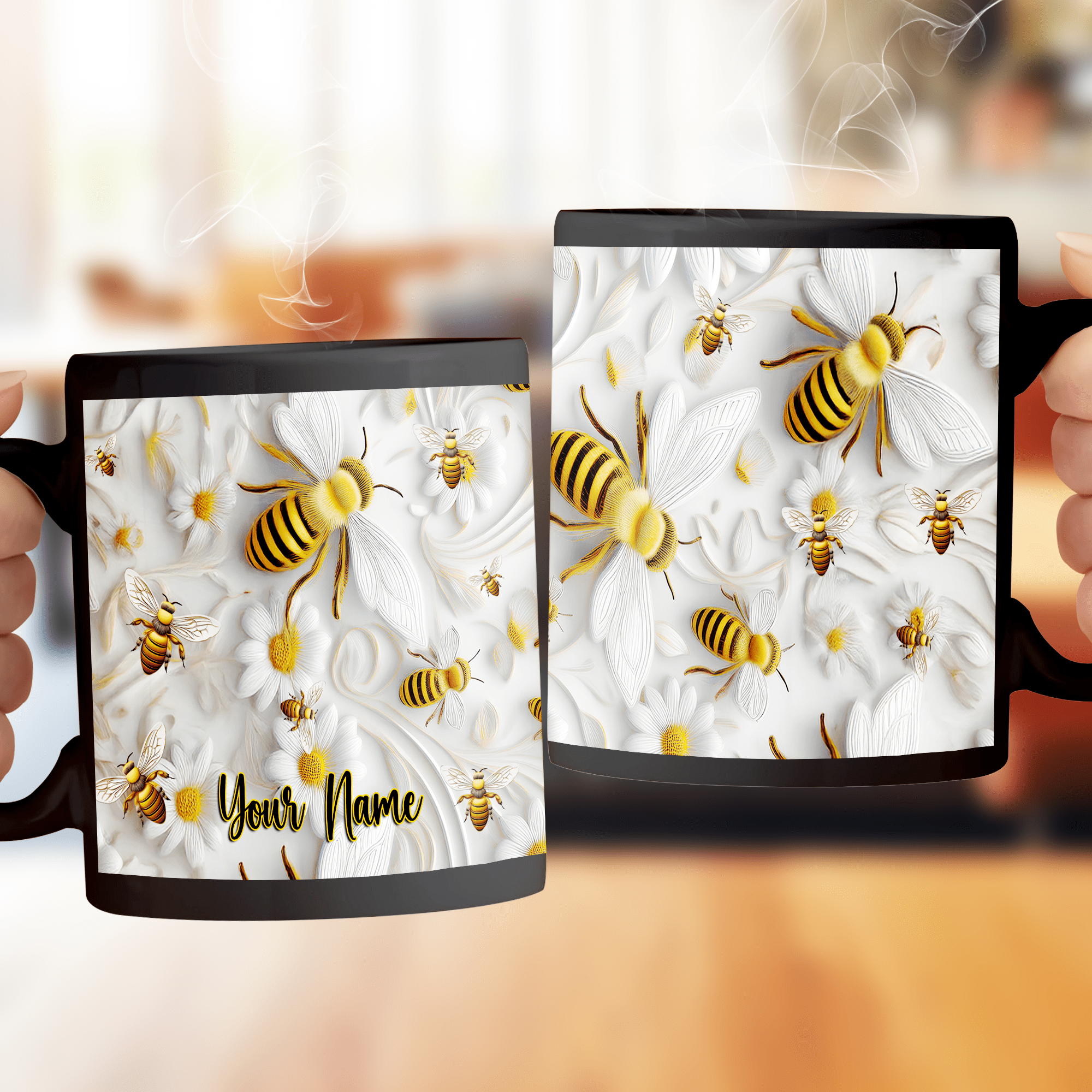 Lotusprinthandmade Personalized Floral and Bee 3D Black Ceramic Mug ...
