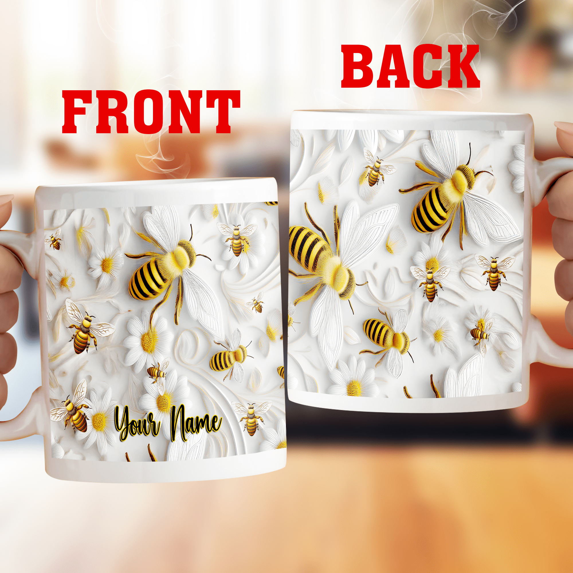 Lotusprinthandmade Personalized Floral and Bee 3D White Ceramic Mug ...