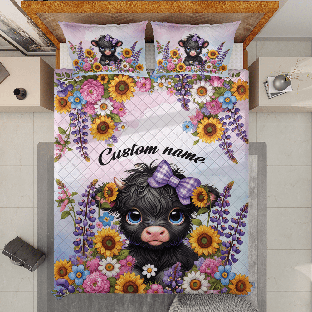 Lotusprinthandmade Personalized Highland Cow And Flower Quilt Bedding ...