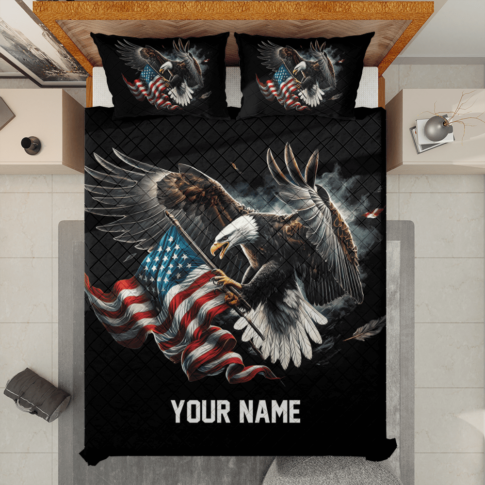 Lotusprinthandmade Personalized Patriotic America Flag Eagle Quilt Bedding Set (White Binding) 5 ...