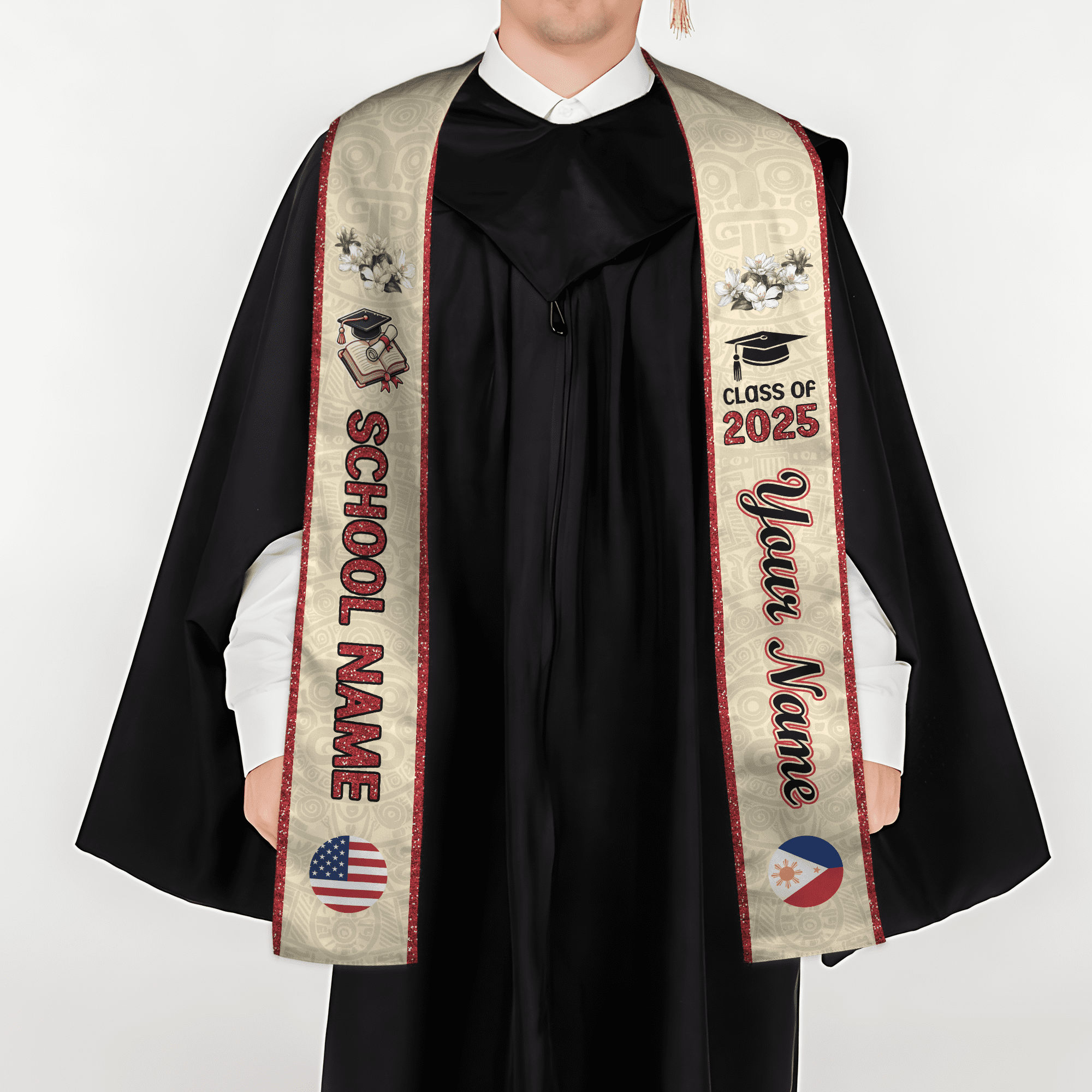 Lotusprinthandmade Personalized Philippine US Flag Graduation Stole ...