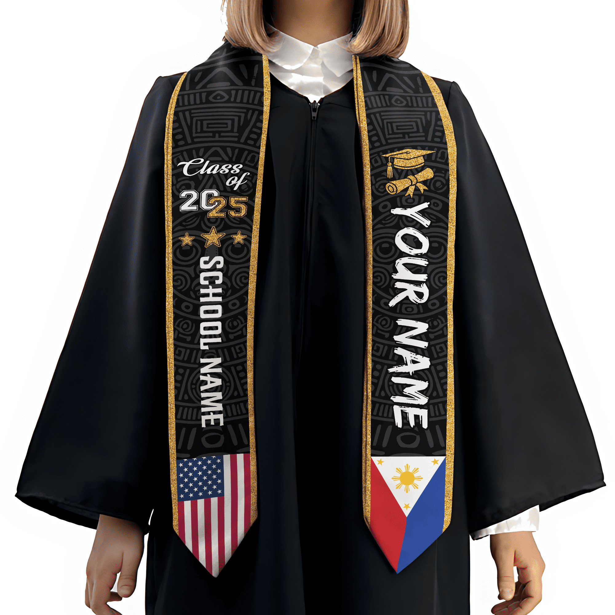 Lotusprinthandmade Personalized Philippine US Flag Graduation Stole ...