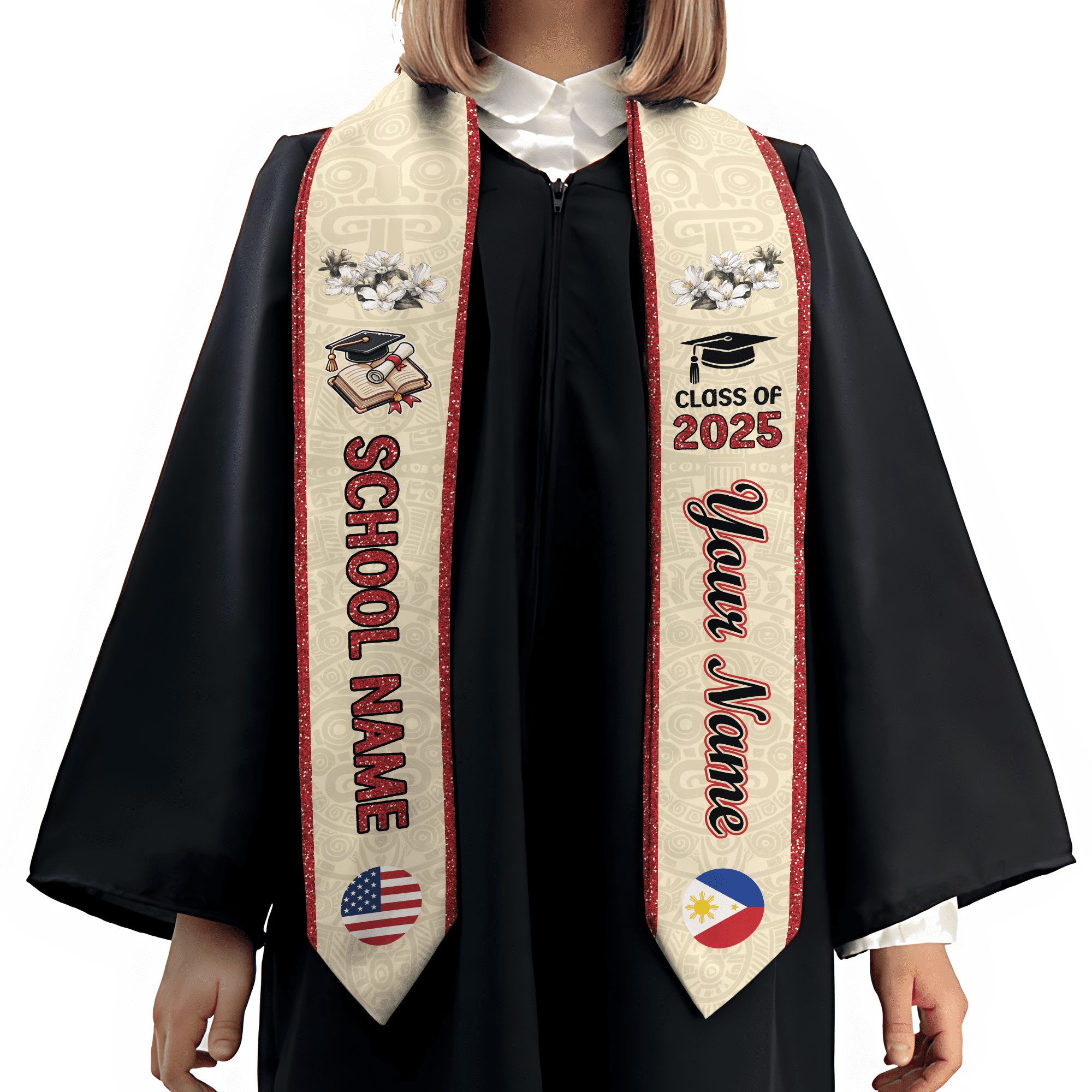 Lotusprinthandmade Personalized Philippine US Flag Graduation Stole ...