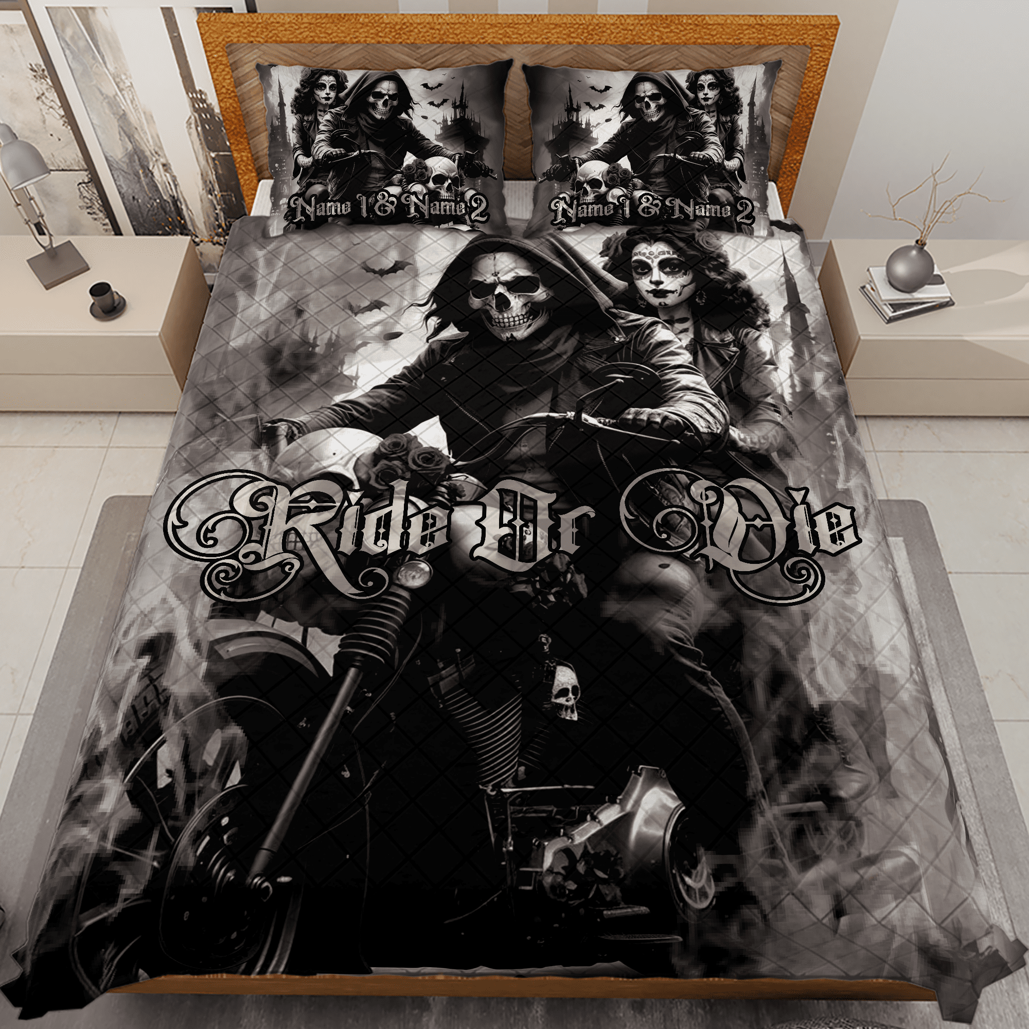 Lotusprinthandmade Personalized Skull Ride Motorcycle Couple 3D Quilt ...