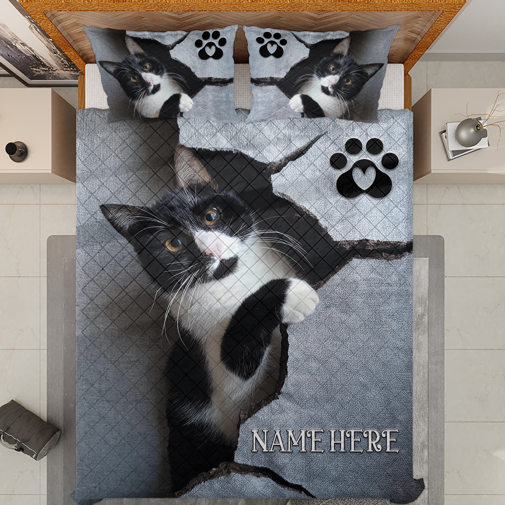 Lotusprinthandmade Personalized Tuxedo Cat Crack Pattern Quilt Bedding ...