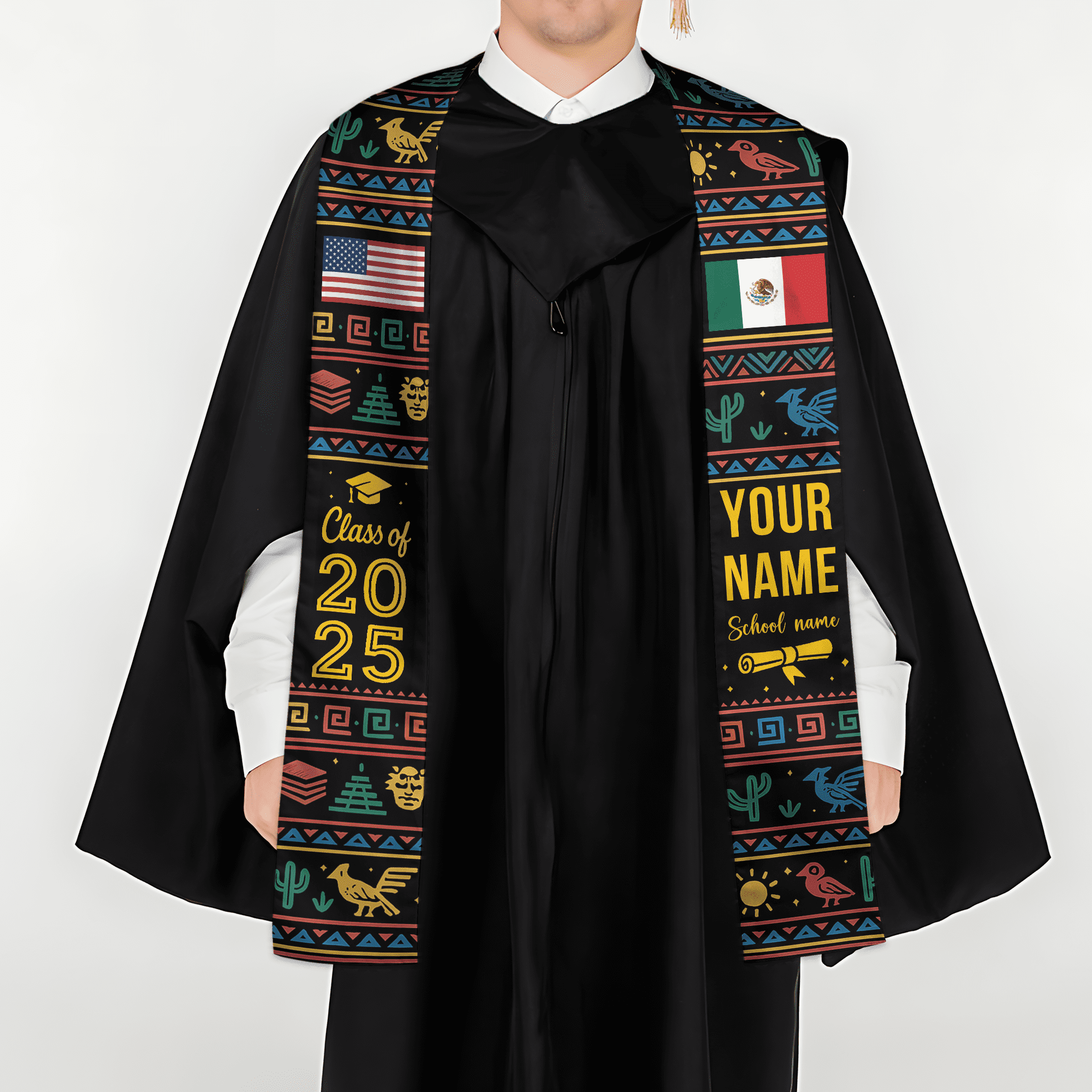 Lotusprinthandmade Personalized US Flag Mexico Mexican Graduation Stole ...