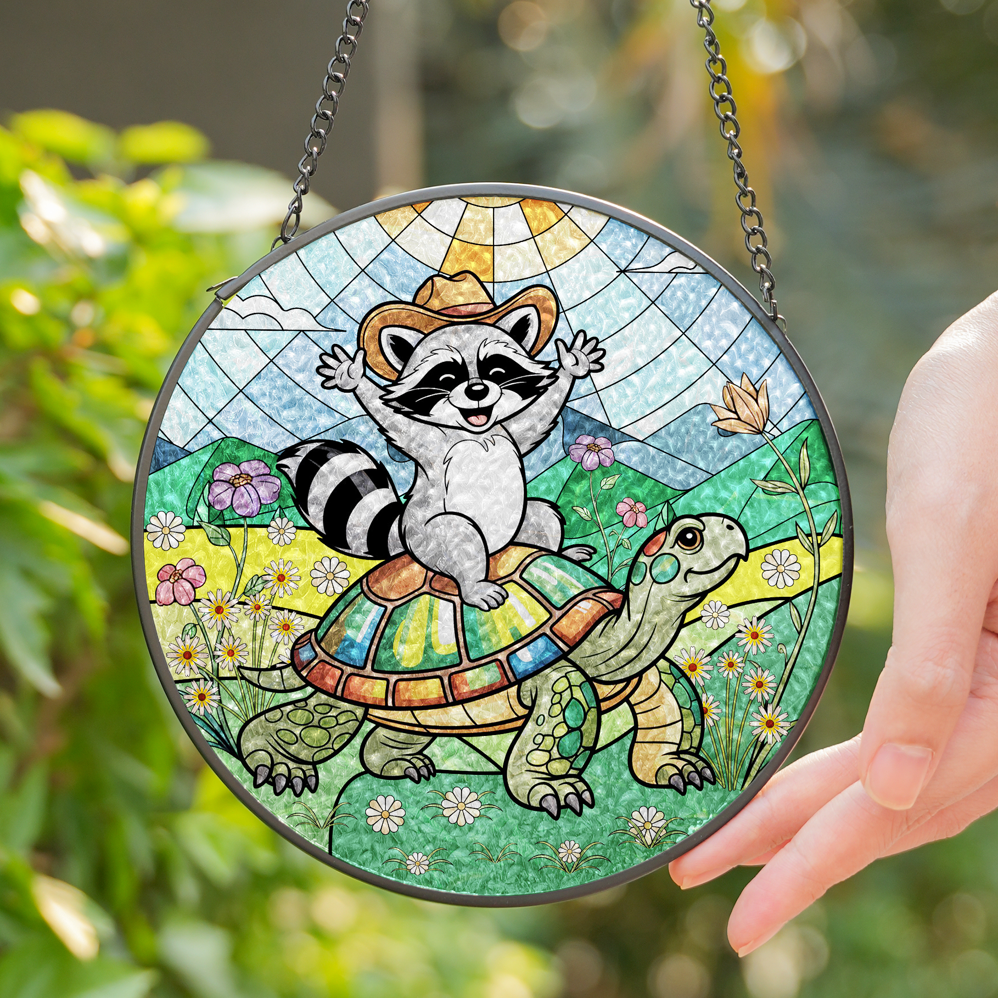 Lotusprinthandmade Raccoon Riding Turtle, Funny Raccoon Stained Glass ...