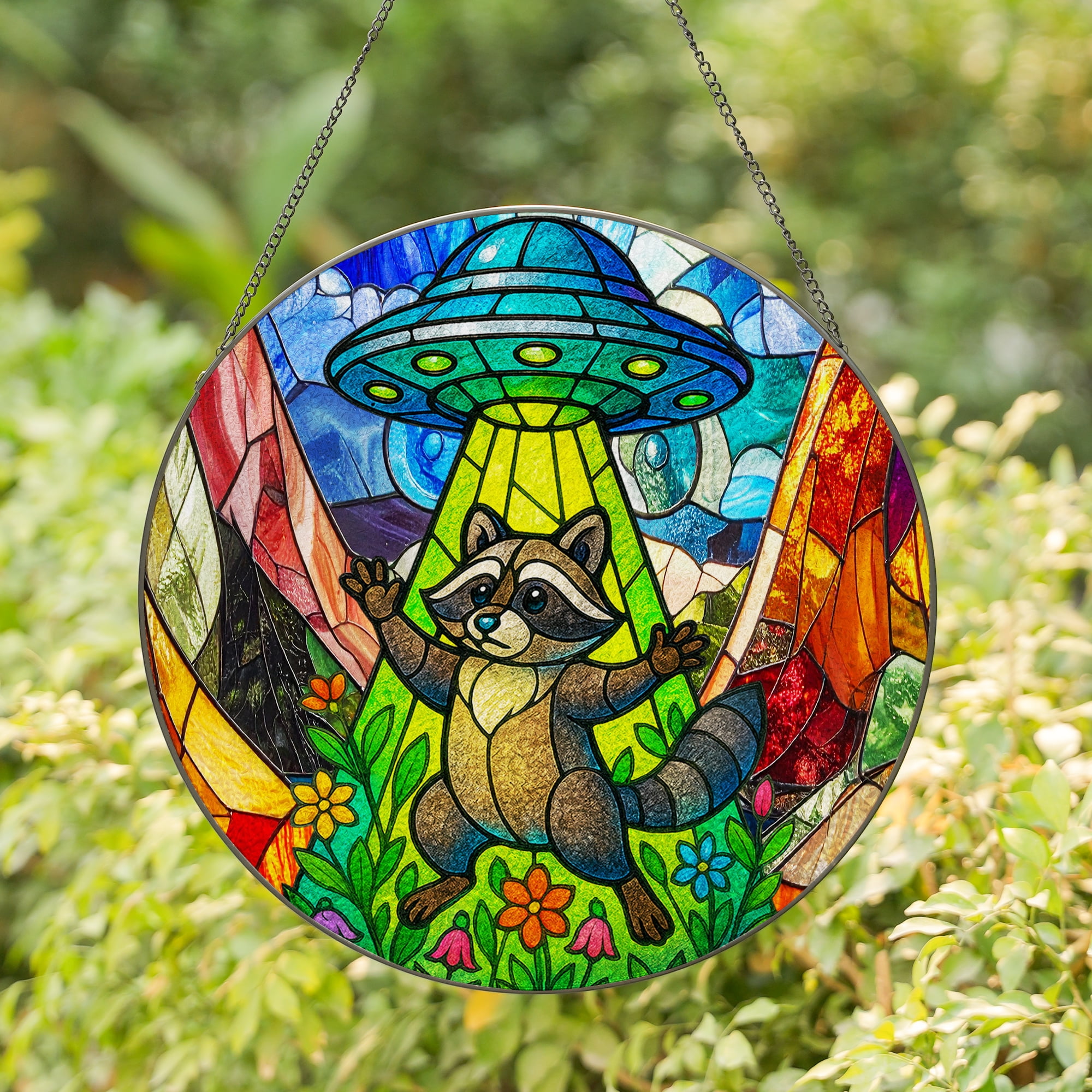 Lotusprinthandmade Raccoon and UFO Graphic Stained Glass Suncatcher for ...