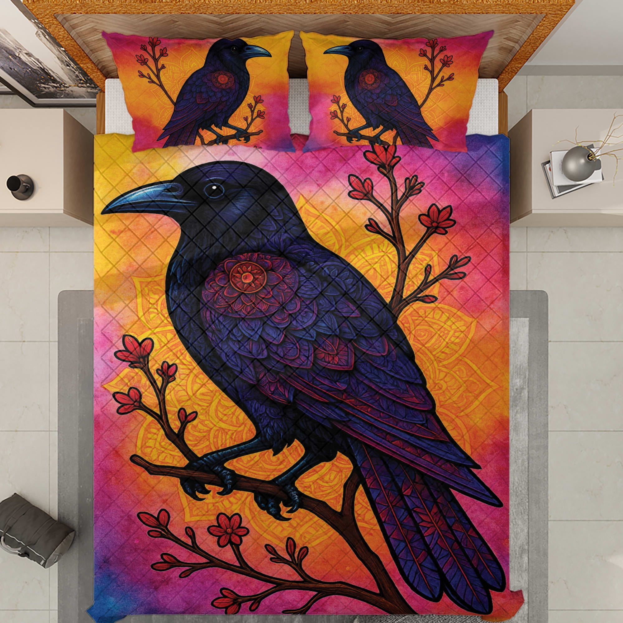 Lotusprinthandmade Raven Black Bird Quilt Bedding Set (Fold Hem) 5 ...