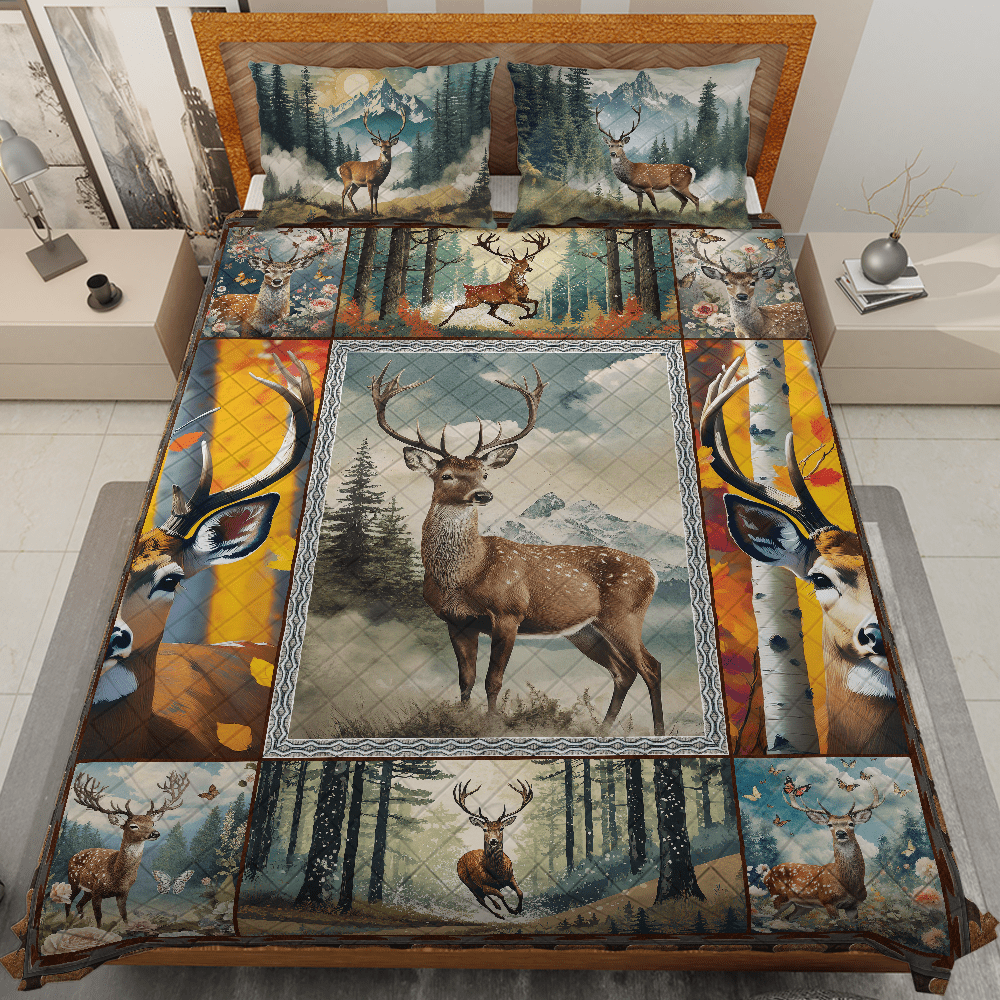 Lotusprinthandmade Retro Deer Hunting Quilt Bedding Set (White Binding ...