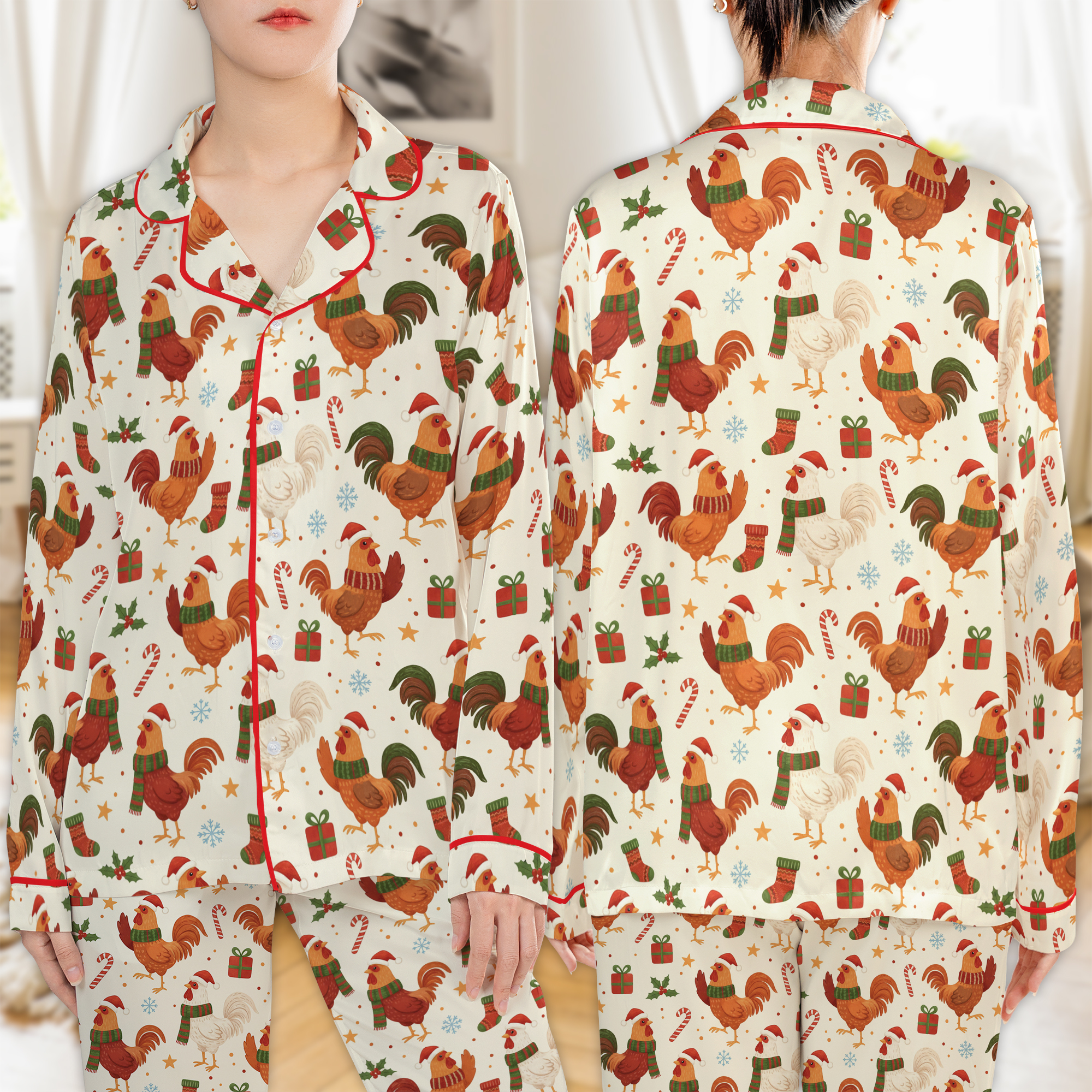 Lotusprinthandmade Rooster Christmas All-over Print Satin Pajamas Set ...
