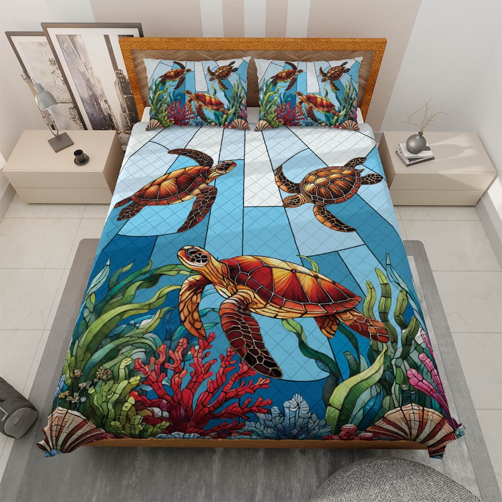 Lotusprinthandmade Sea Turtle 3D Quilt Bedding Set (White Binding) 5 ...