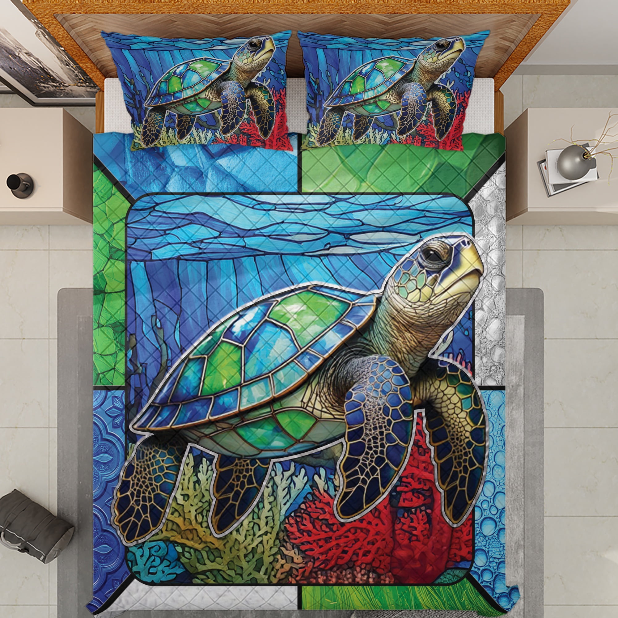 Lotusprinthandmade Sea Turtle Quilt Bedding Set (Fold Hem) 5 Sizes ...