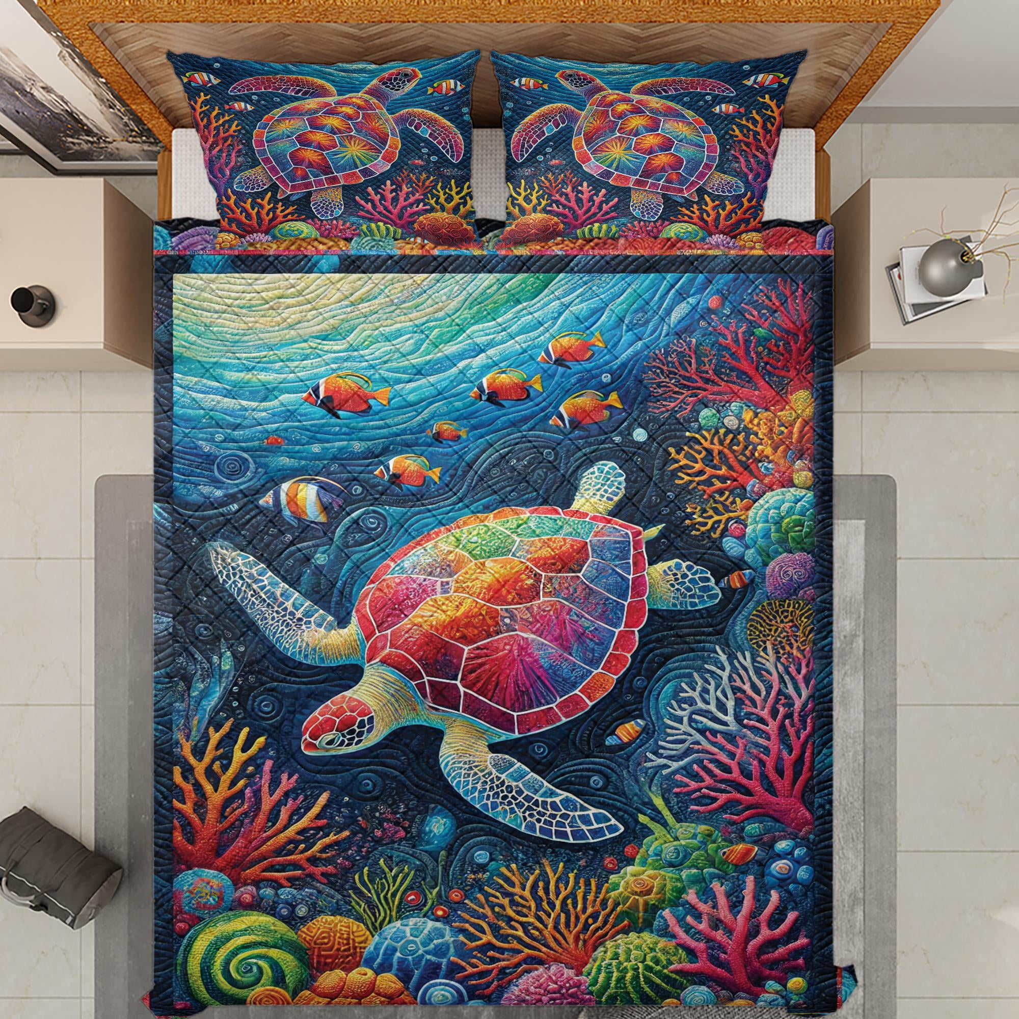 Lotusprinthandmade Sea Turtle Quilt Bedding Set (White Binding) 5 Sizes ...